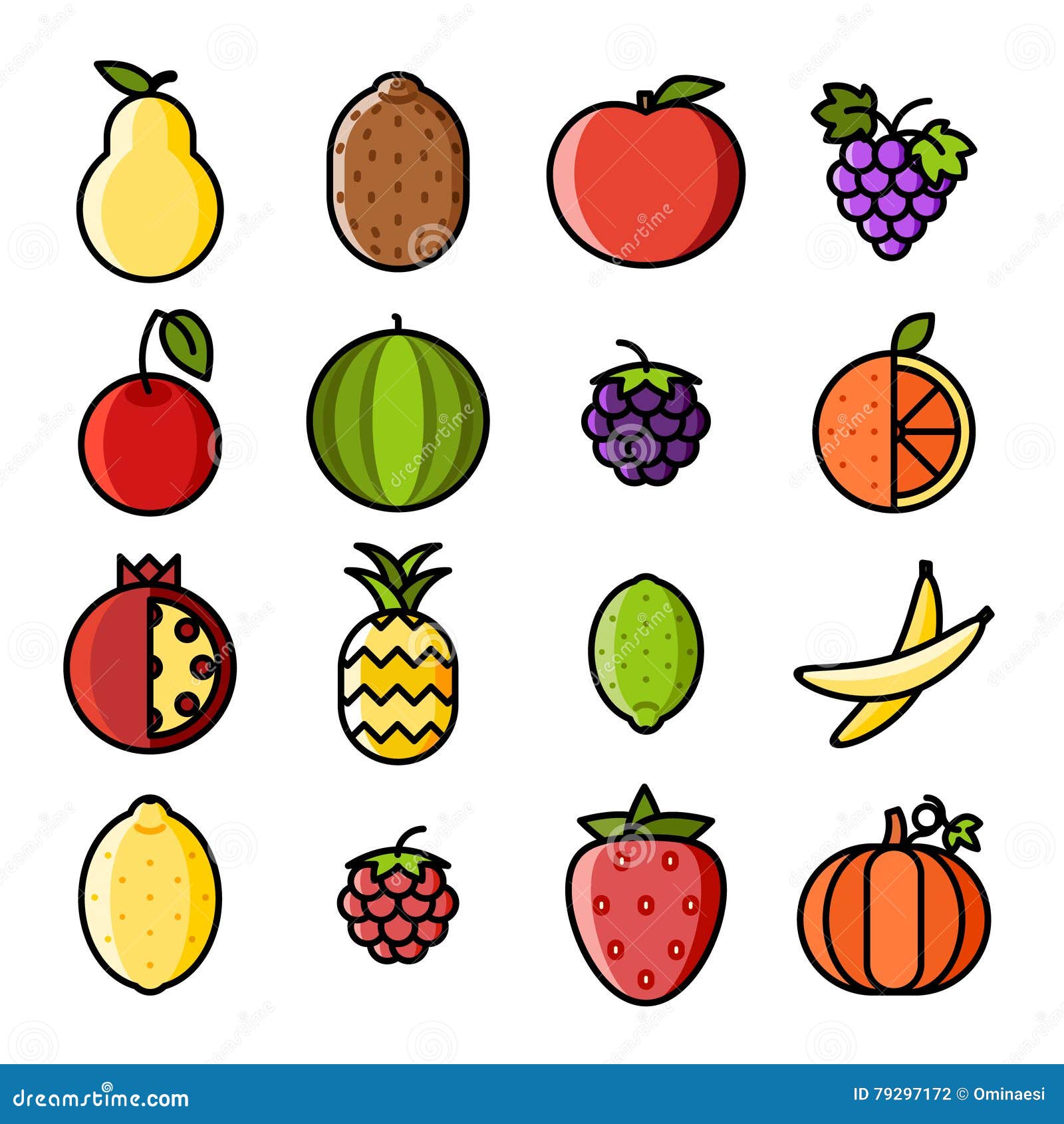 Fresh Fruit Icons Set Flat Design Line Art Isolated Vector Illustration ...