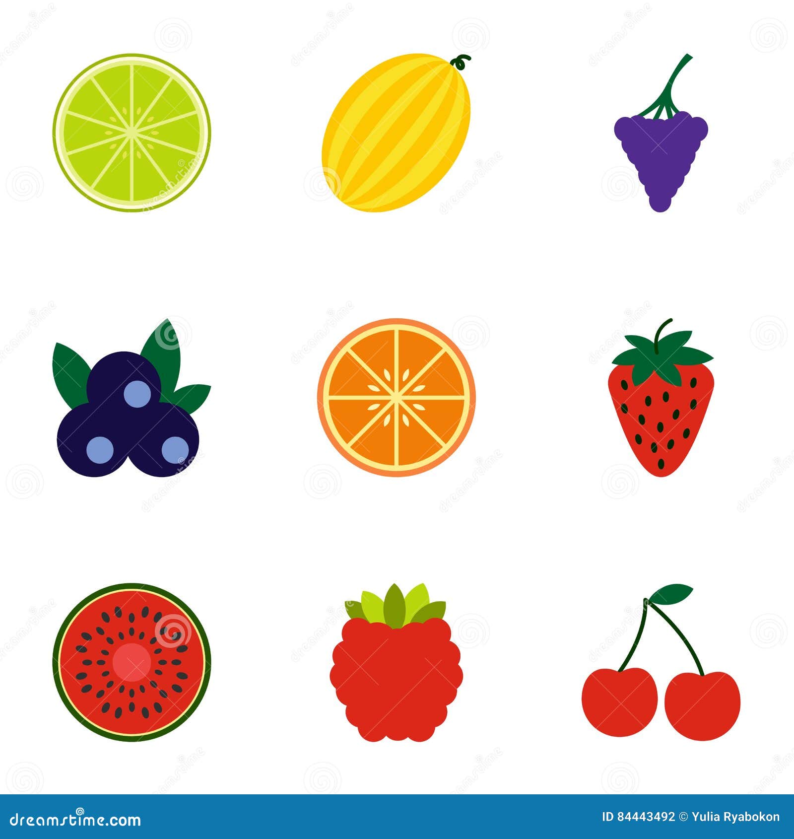 Fresh Fruit Icons Set, Flat Style Stock Vector - Illustration of ...
