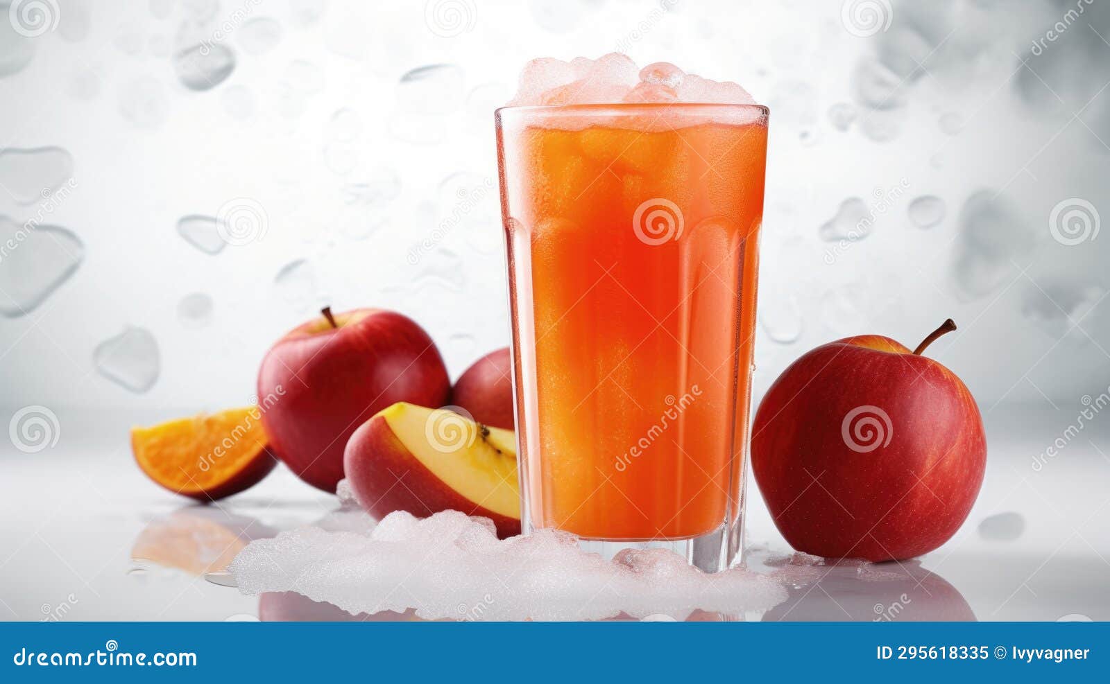 Fresh Fruit Juice with Ice Cubes and Red Apples on a White Background ...