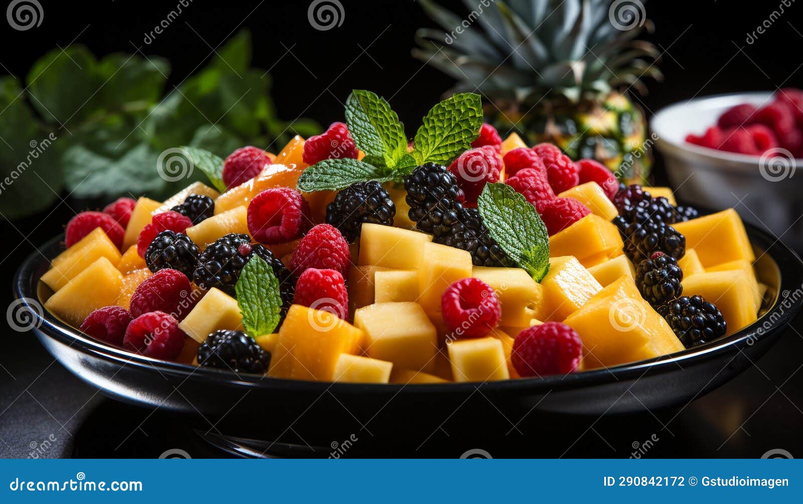 Fresh Fruit Salad Raspberry, Pineapple, Blueberry, Melon, Strawberry ...