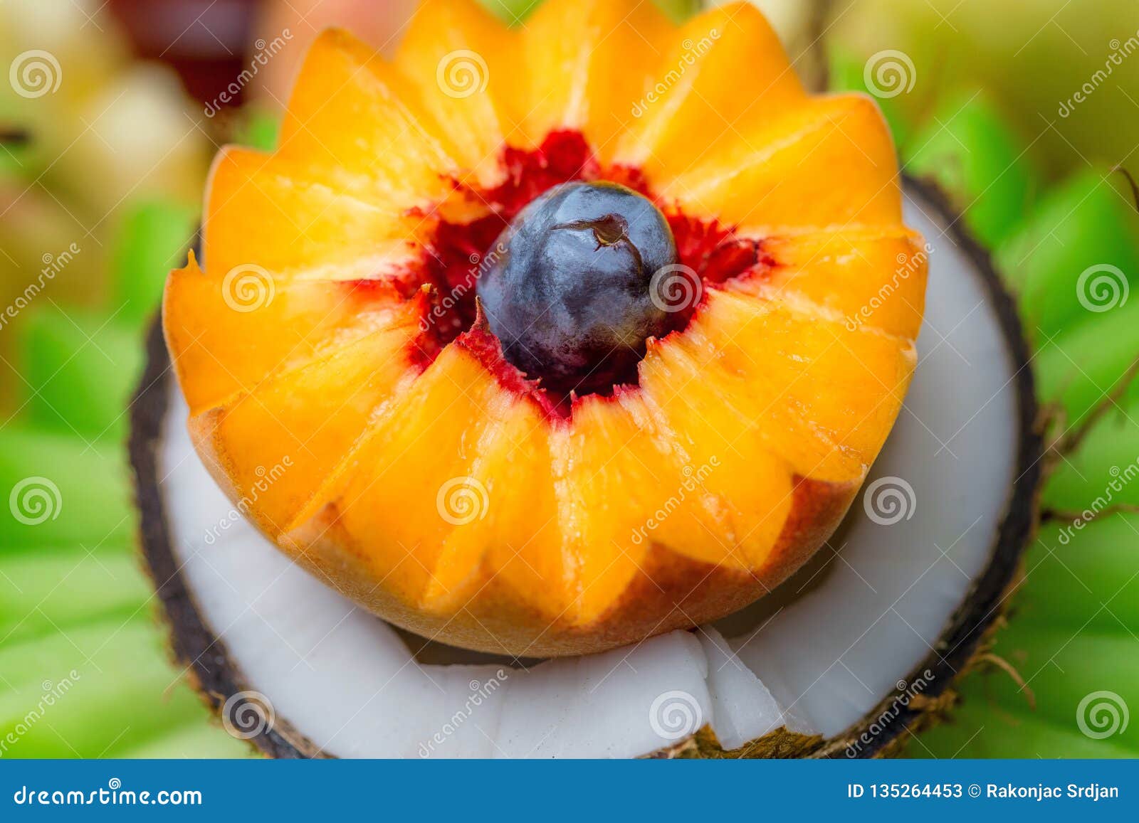 Fresh Fruit Peach, Coconut and Grapes. Stock Image - Image of fruit ...