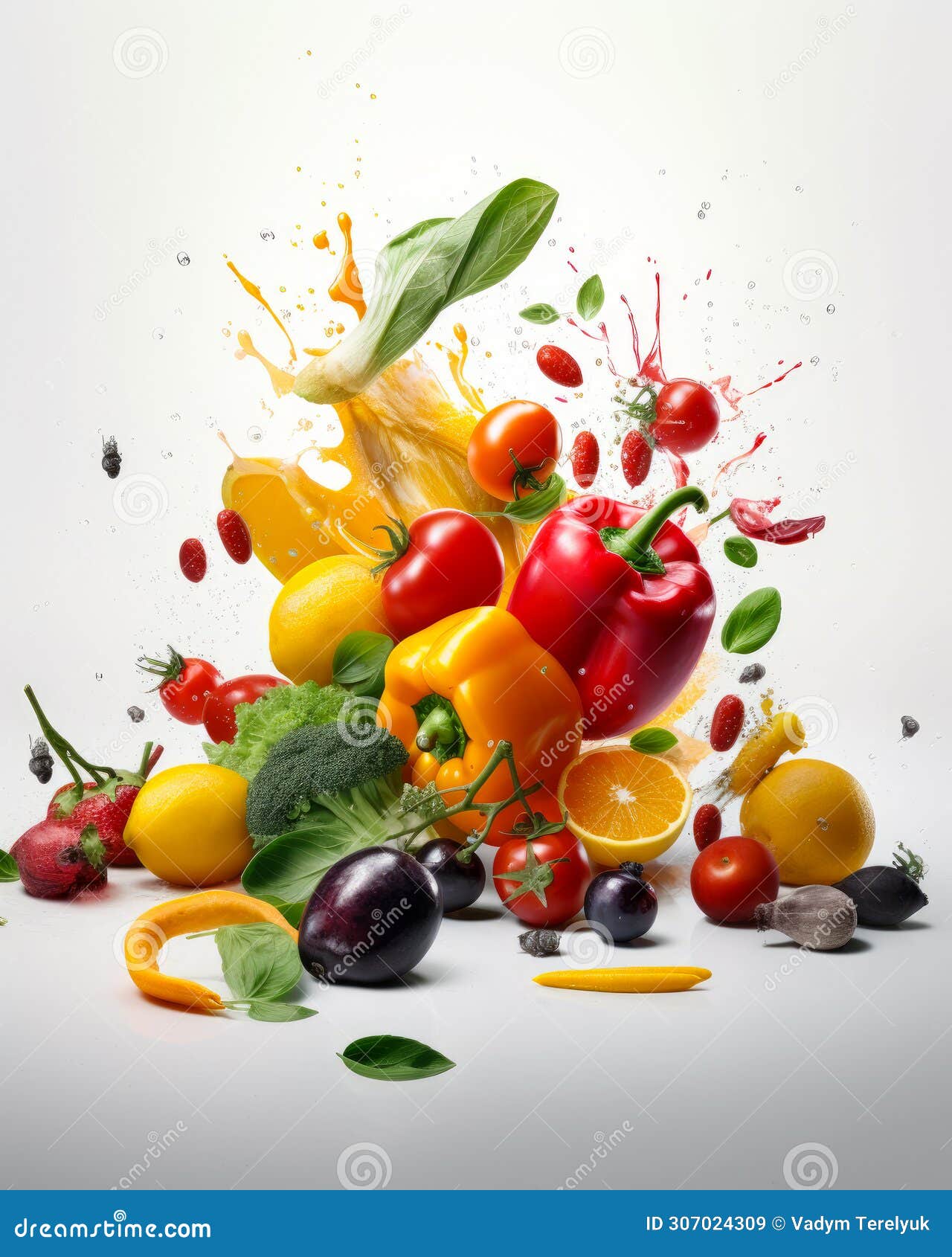 Fresh Fruit and Vegetables Bursting Out of the Screen Stock ...