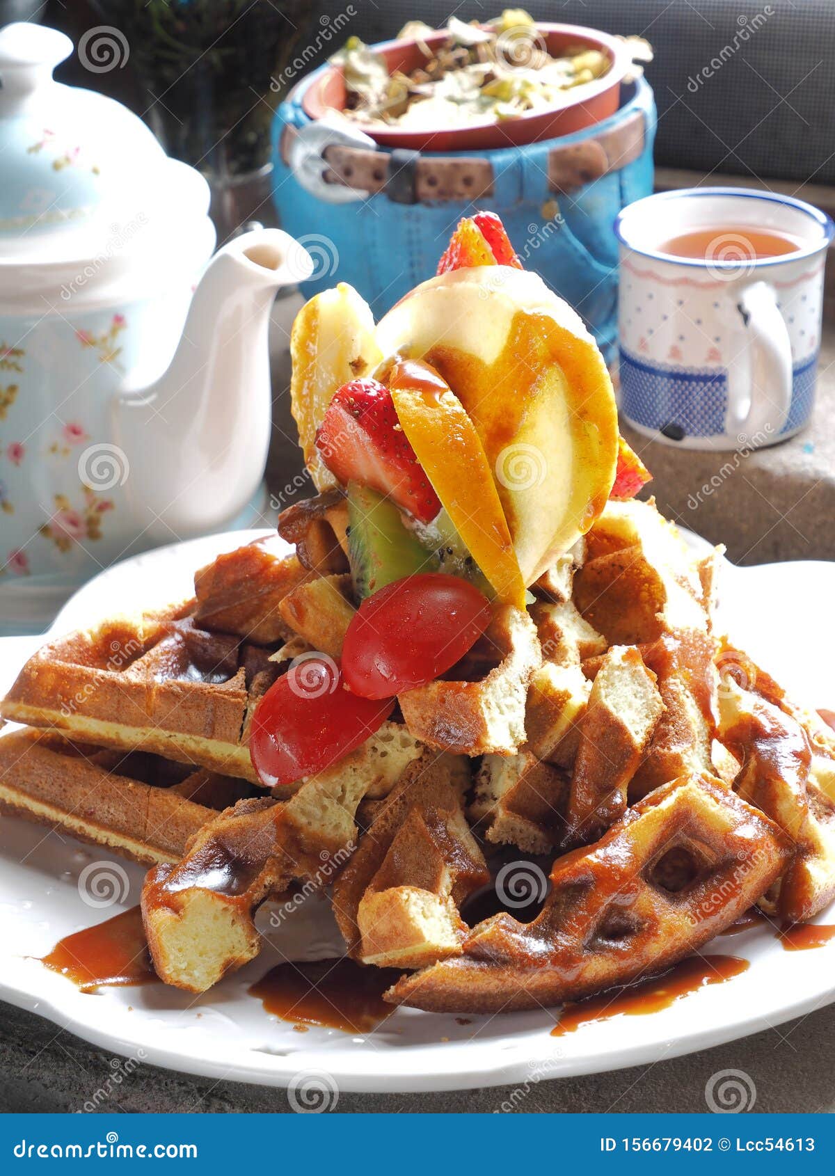 Fresh fruit waffle stock photo. Image of snack, delicious - 156679402