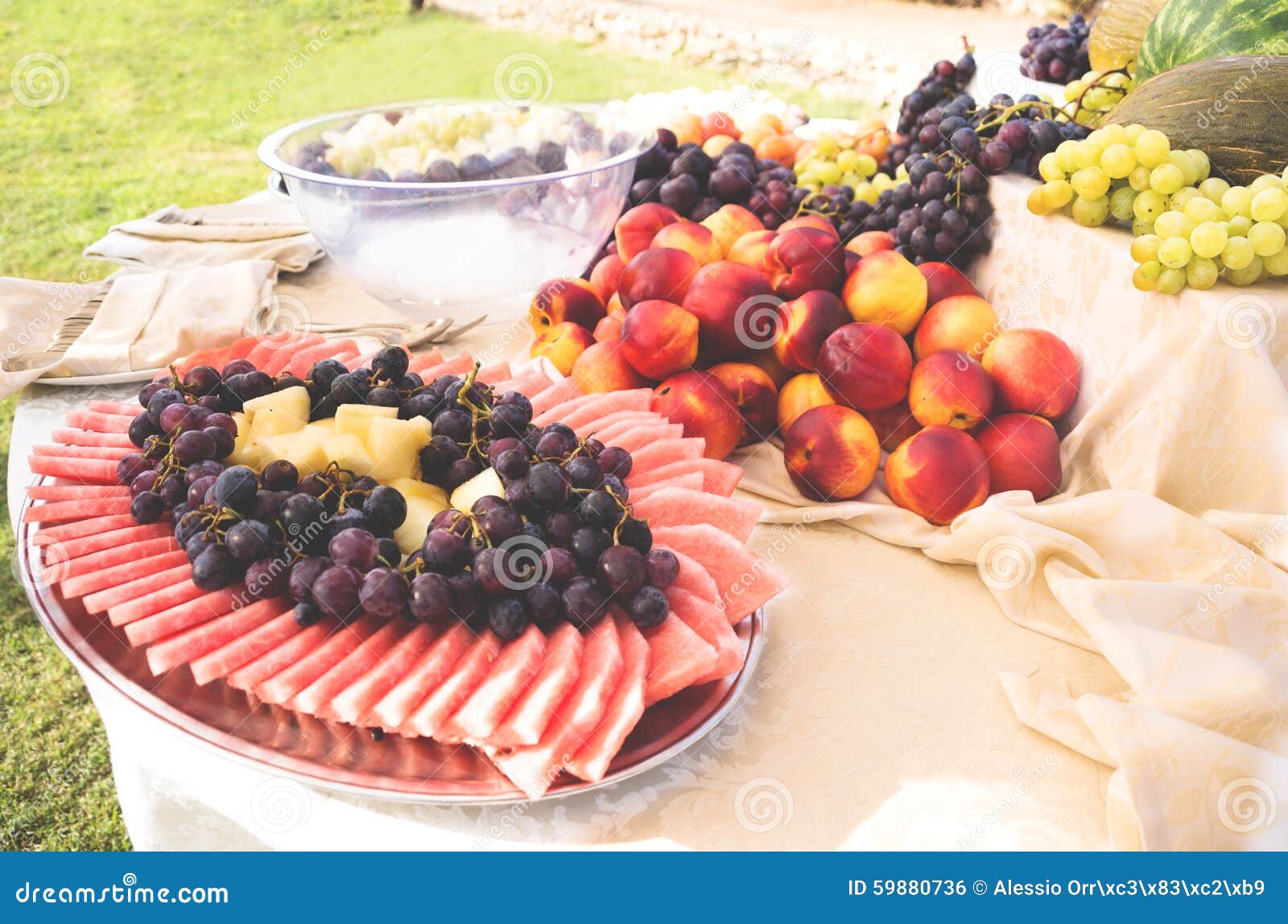 Fresh fruits buffet stock photo. Image of peaches, melon - 59880736