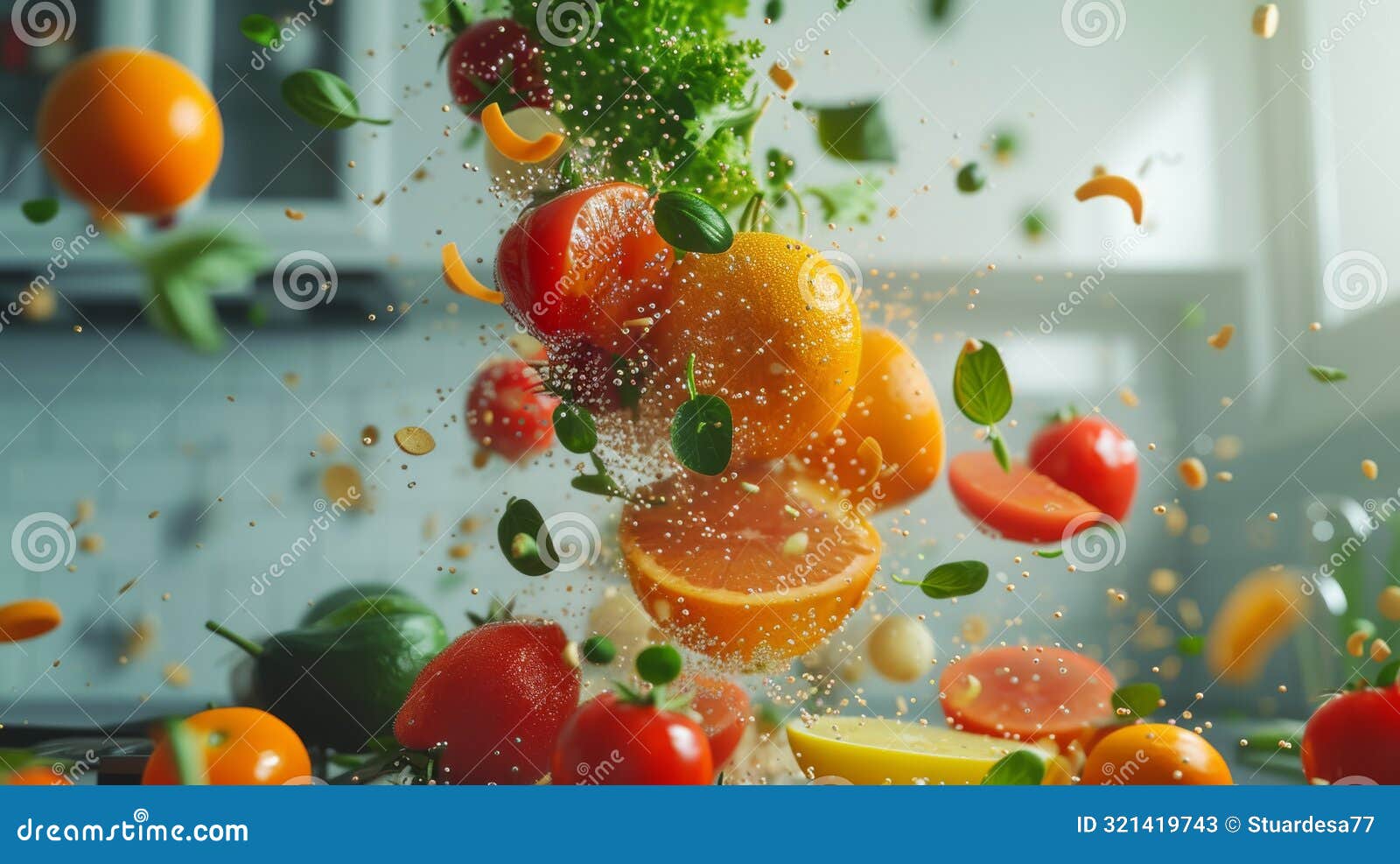 Fresh Fruits and Vegetables Exploding in Mid-Air Stock Image - Image of ...