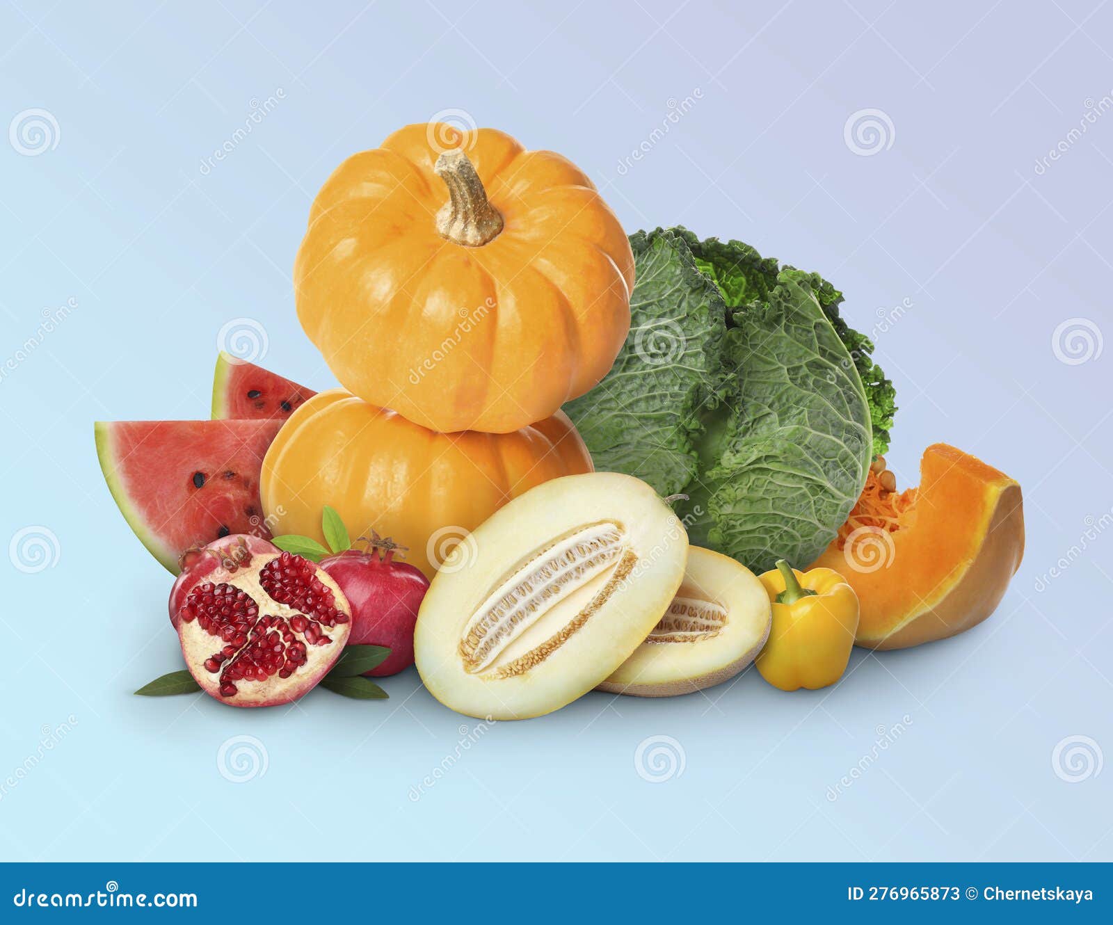 Fresh Fruits and Vegetables on Pale Light Blue Gradient Background ...