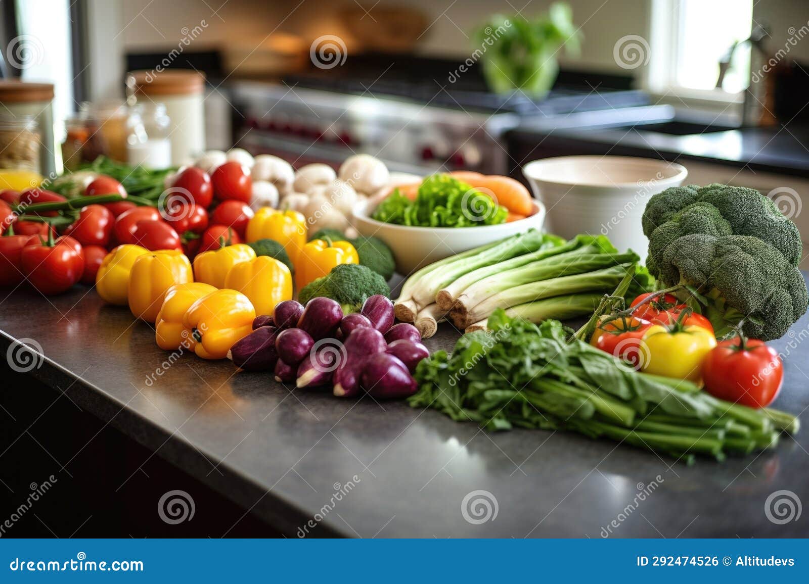 Fresh Fruits and Vegetables Spread Out on a Kitchen Countertop Stock ...