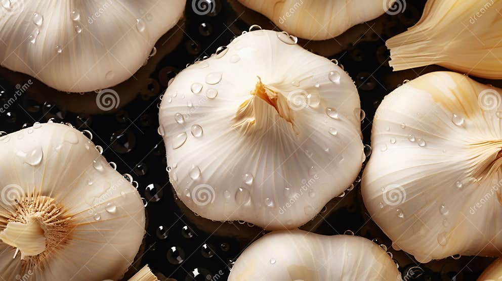 Fresh Garlic with Water Drops Background. Vegetables Backdrop Stock ...