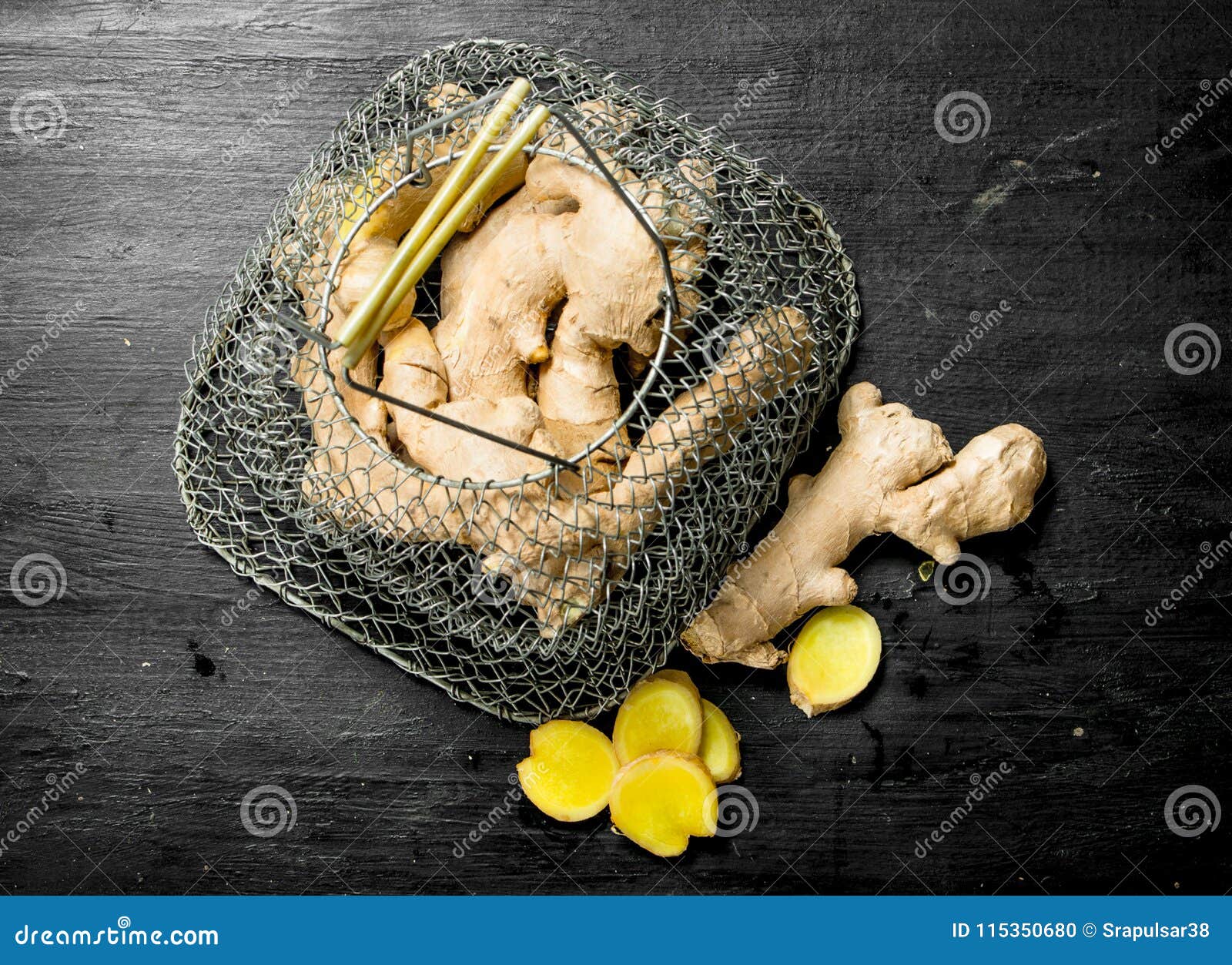Fresh ginger in mesh bag. stock photo. Image of food - 115350680