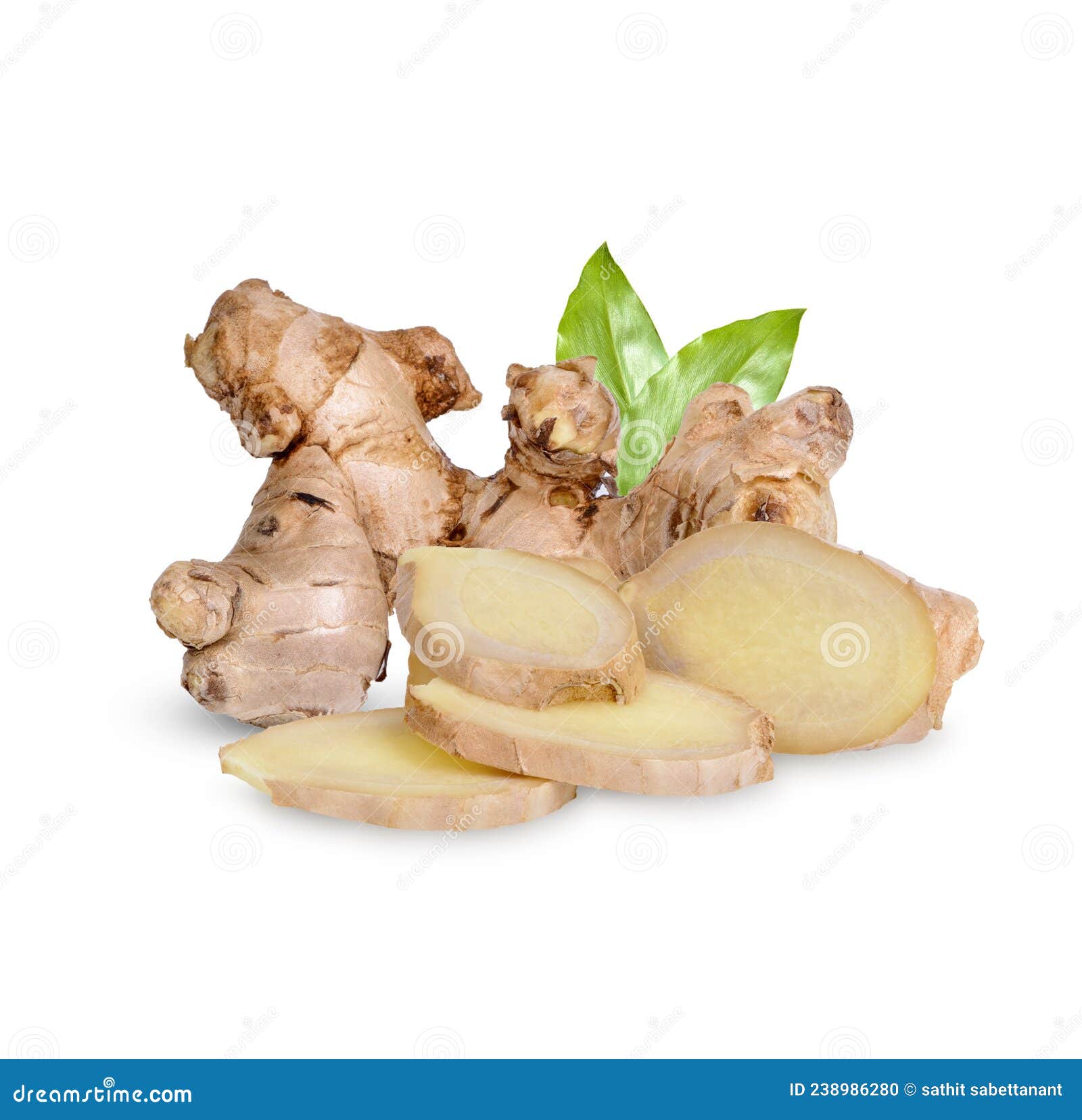 Fresh Ginger Rhizome and Sliced with Leaves Isolated on White ...