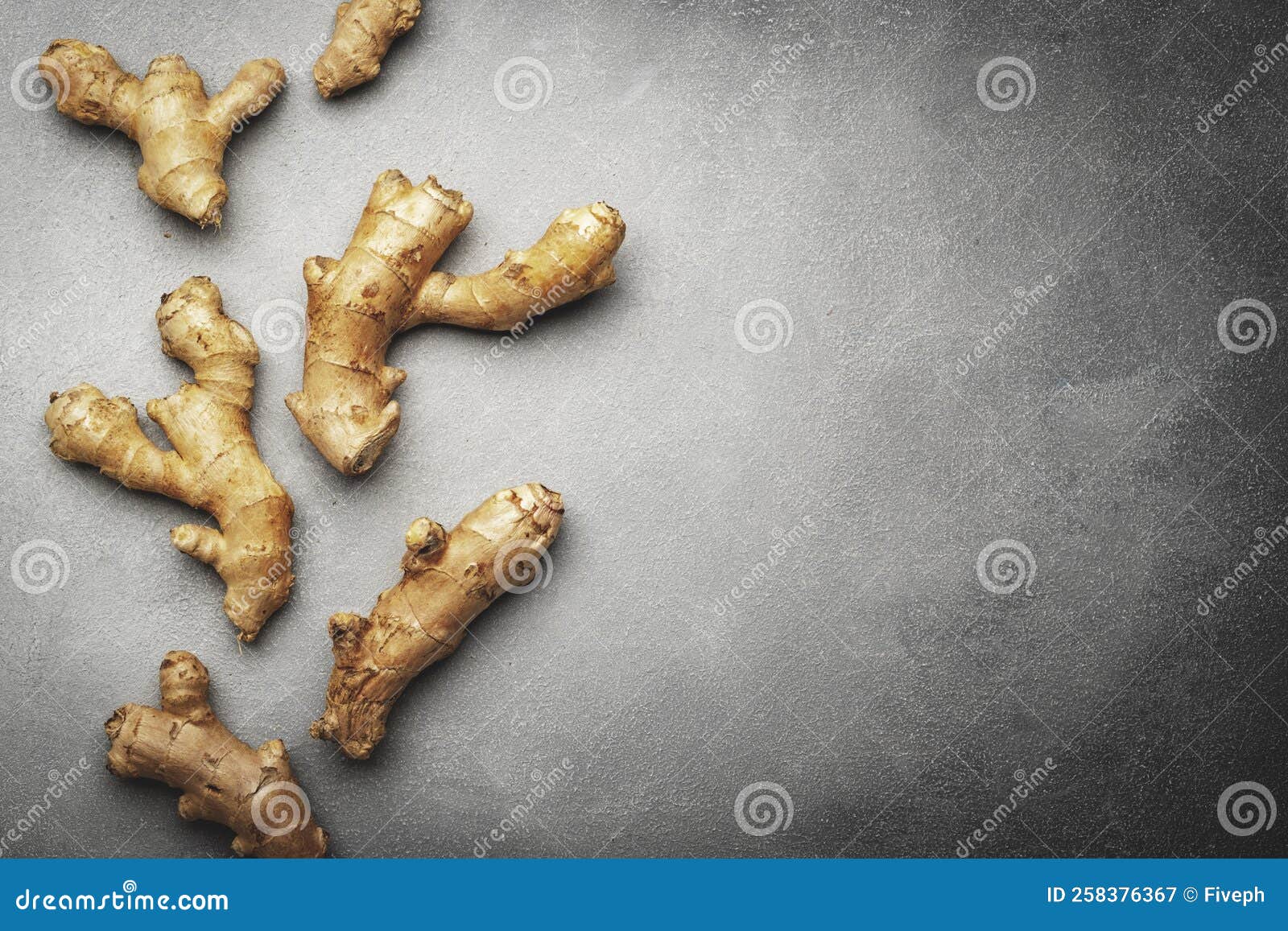 Fresh Ginger Root. Gray Kitchen Table Background, Top View Stock Image ...