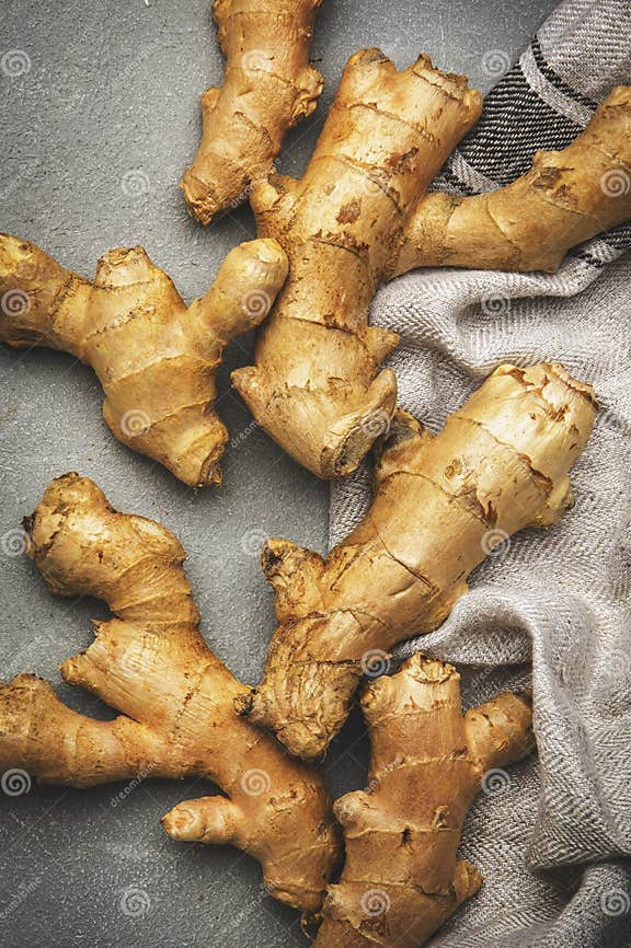 Fresh Ginger Root. Gray Kitchen Table Background, Top View Stock Image ...