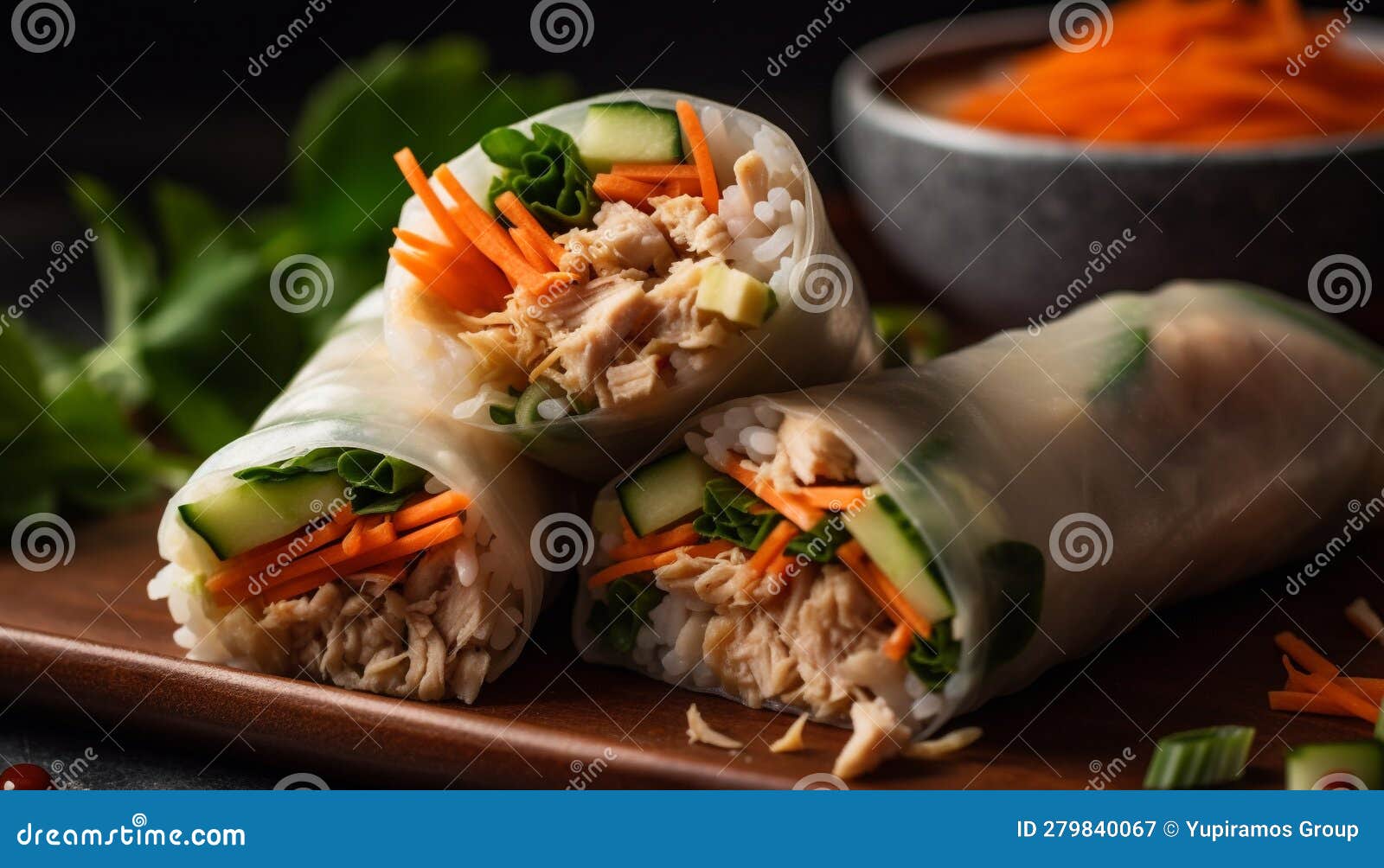 Fresh Gourmet Meal Spring Roll, Salad, Wrap, and Sauce Delicious ...