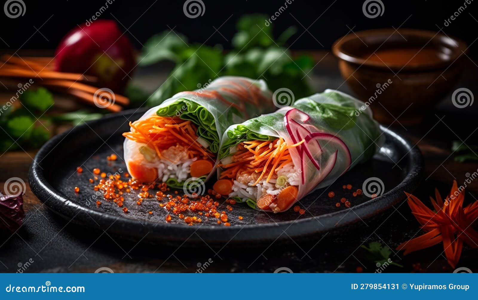 Fresh Gourmet Spring Roll Appetizer with Rolled Up Vegetables and Meat ...