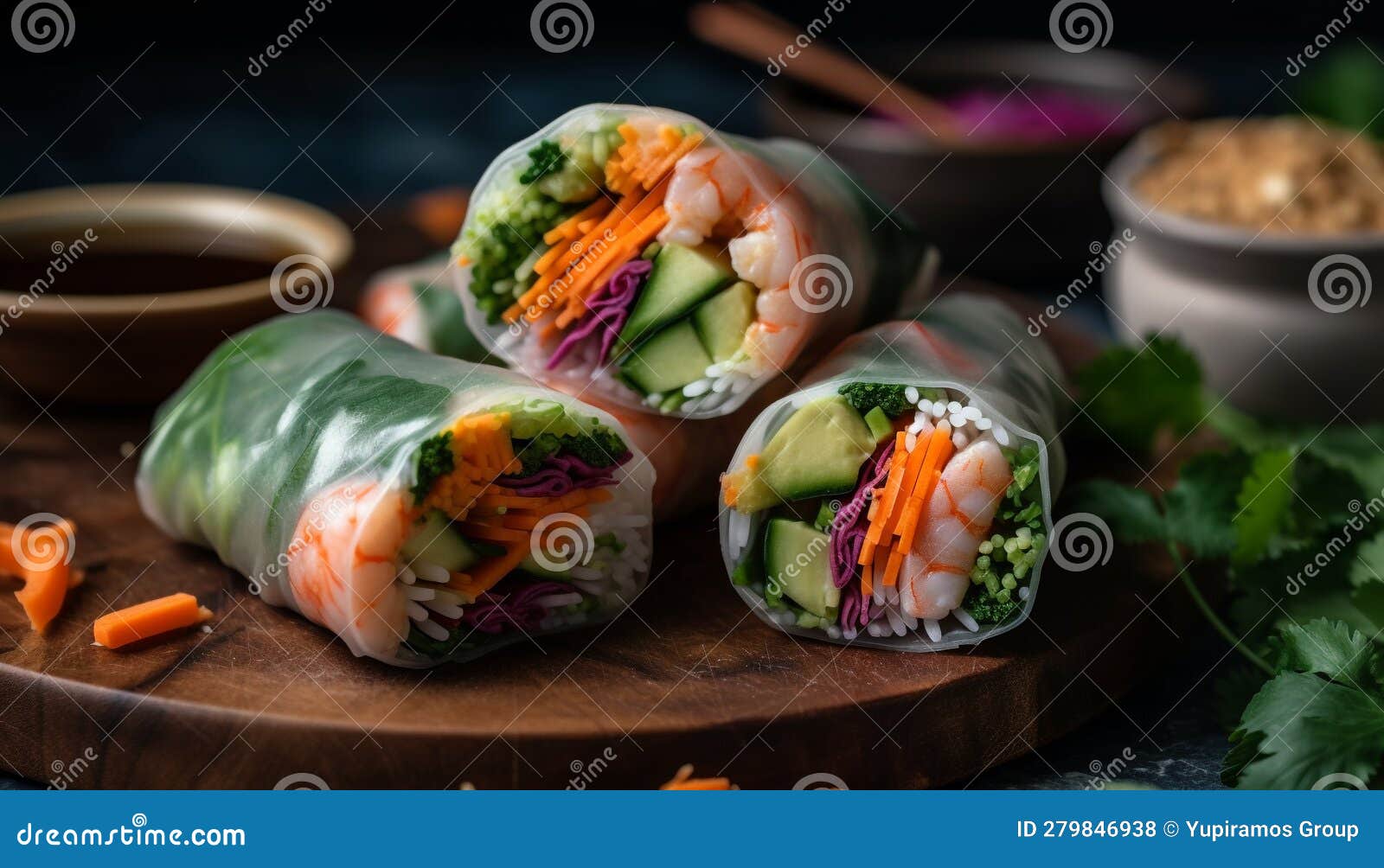 Fresh Gourmet Spring Roll with Vegetables, Pork, and Avocado Generated ...