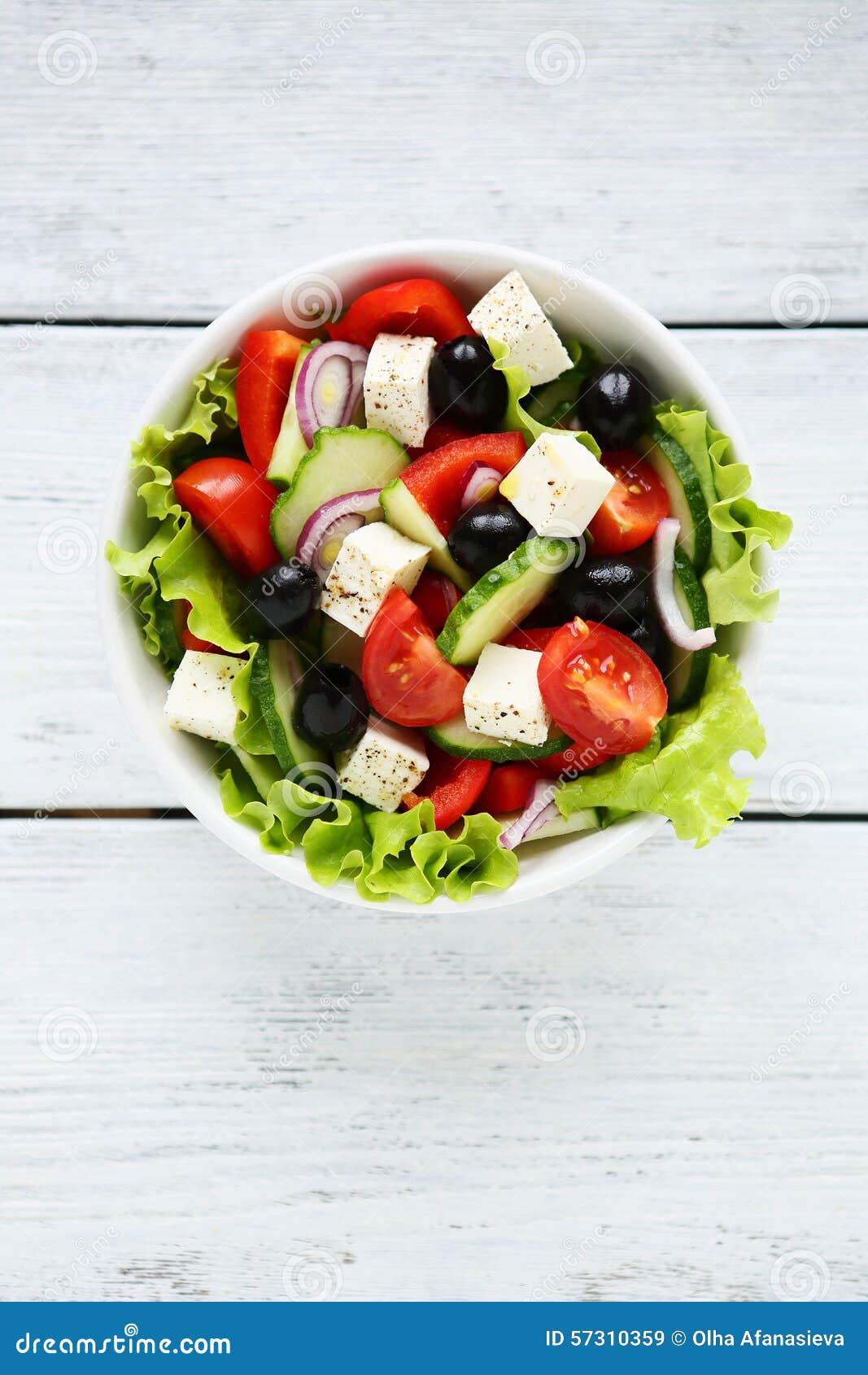 Fresh Greek Salad Top View in White Bowl Stock Image - Image of onion ...