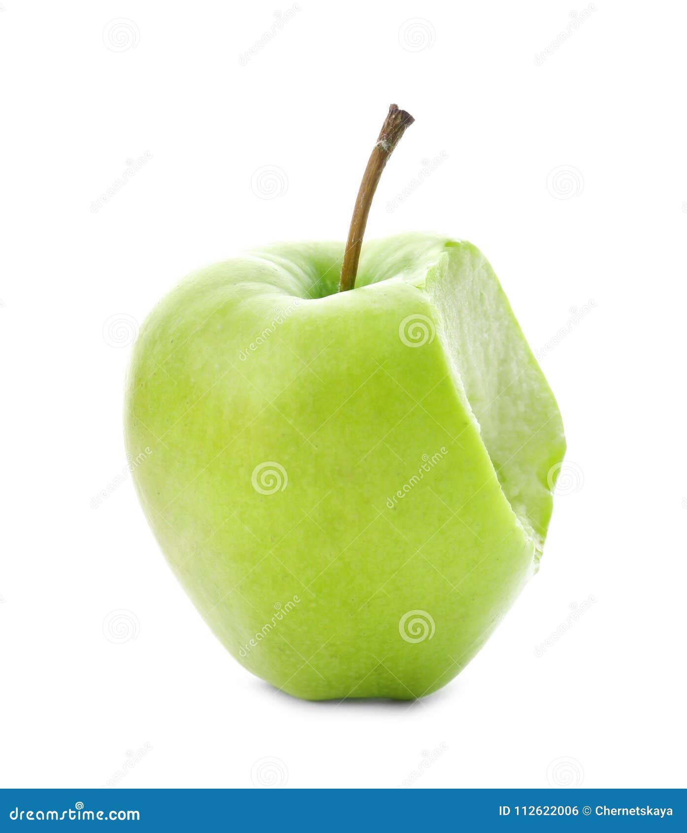 Fresh Green Apple with Bite Mark Isolated Stock Photo - Image of ...