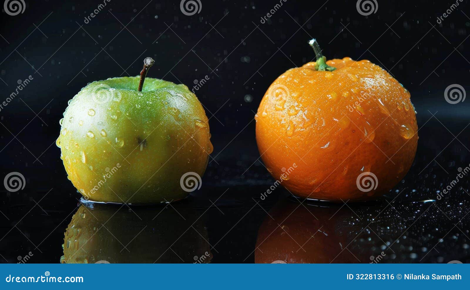 Fresh Green Apple and an Orange on a Reflective Surface and Black ...