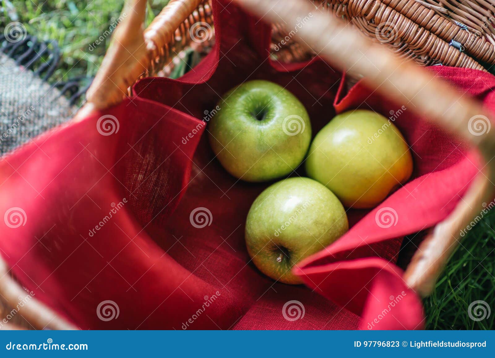 Fresh Green Apples in Basket on Grass Stock Image - Image of nutrition ...
