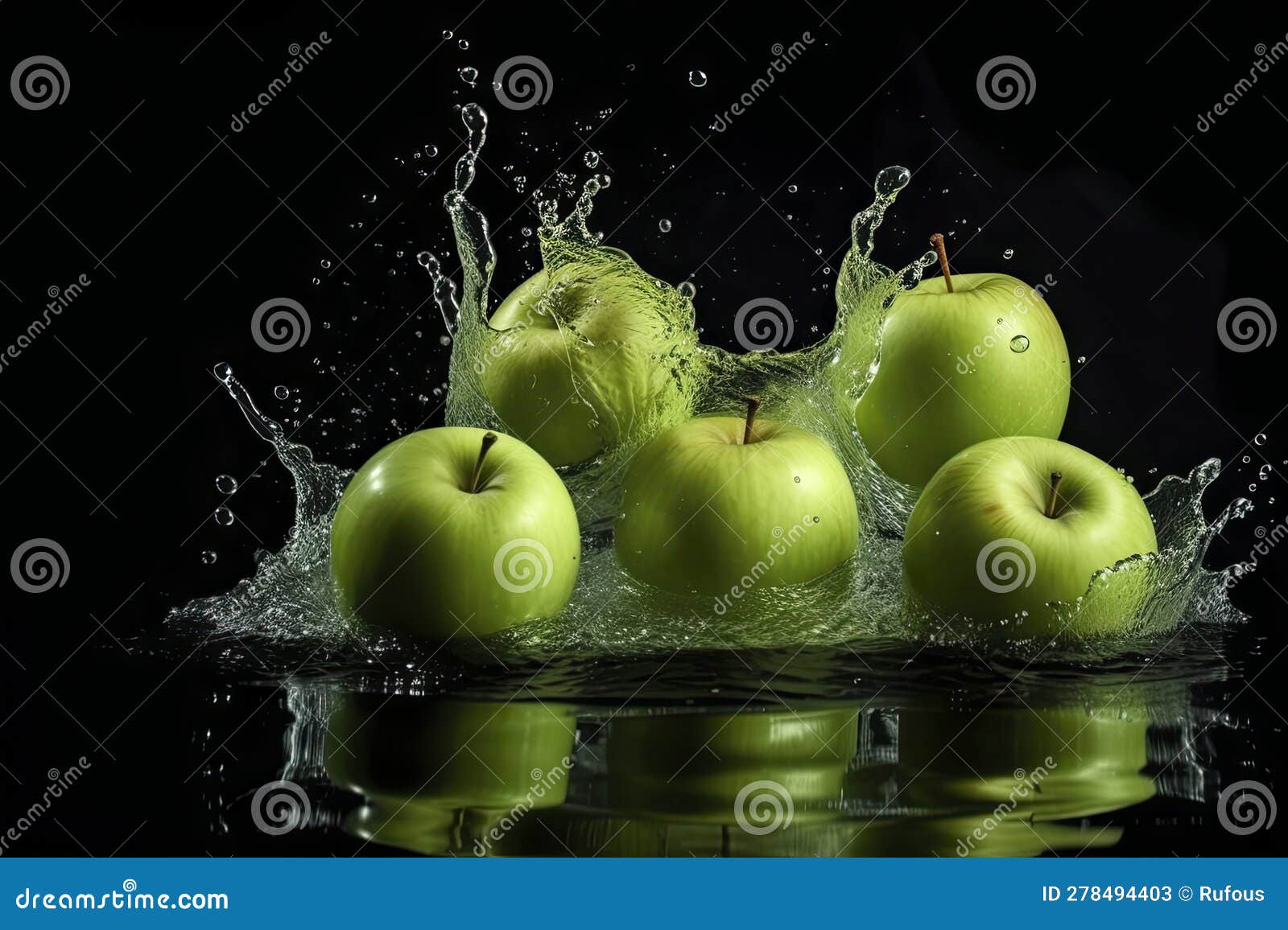 Fresh Green Apples Falling into Water with Splash on a Dark Background ...