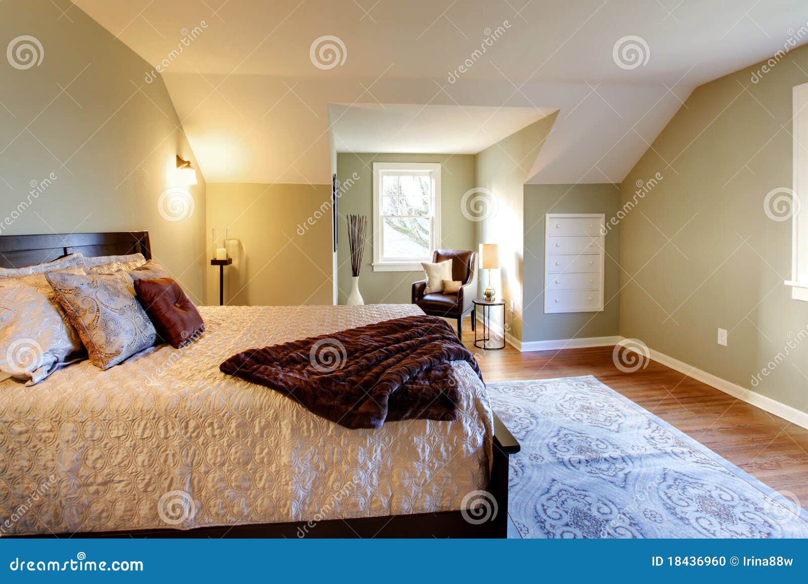 Fresh Green Bedroom with Modern Brown Bed Stock Photo - Image of ...