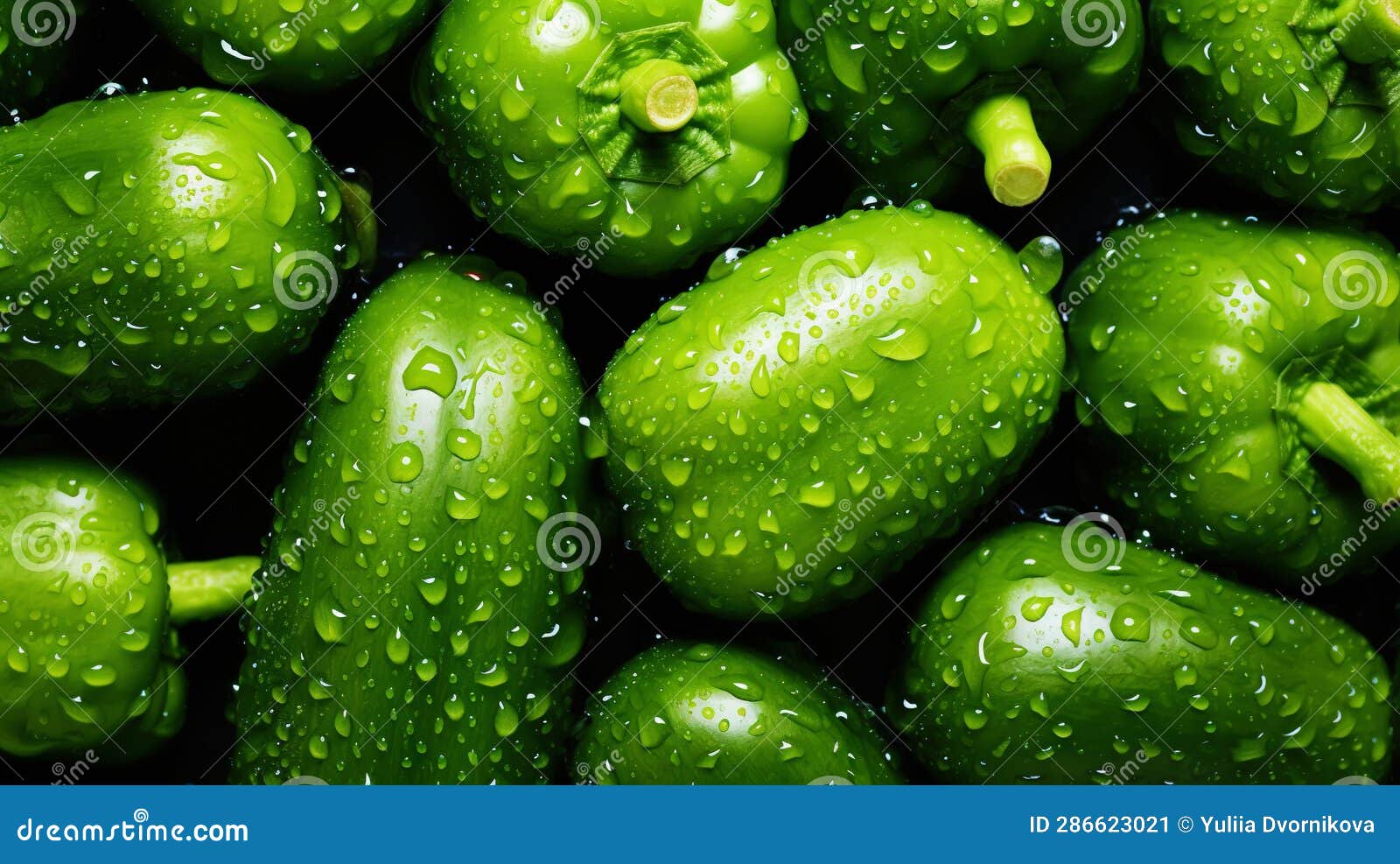Fresh Green Bell Peppers with Water Drops Background. Vegetables ...