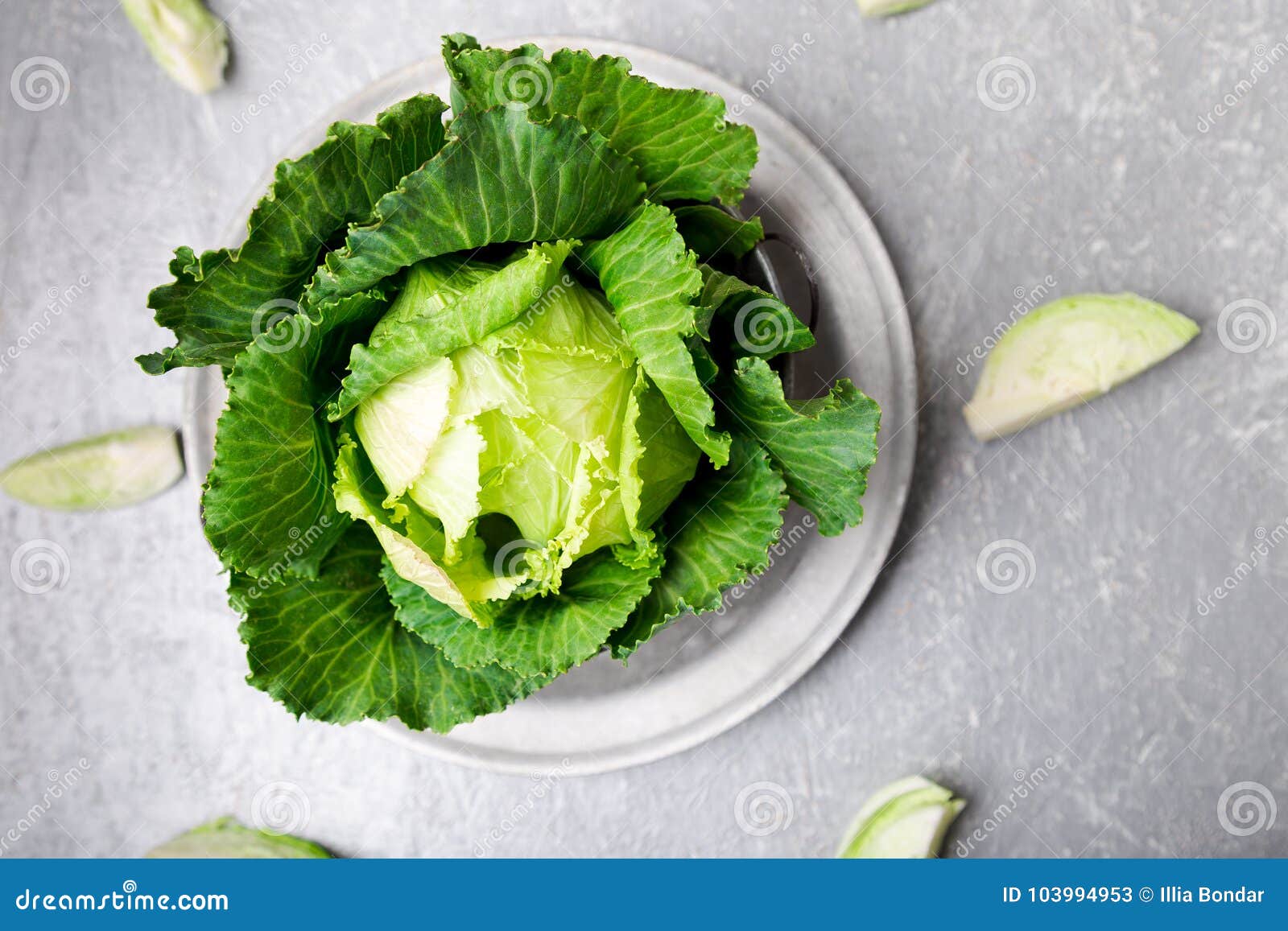 Fresh Green Cabbage in Metal Plate on Grey Background. Top View. Copy ...