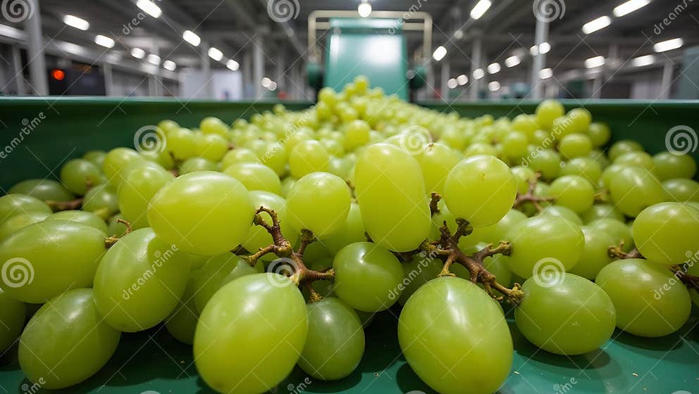 Fresh Green Grapes on Conveyor Belt in Processing Plant Stock ...