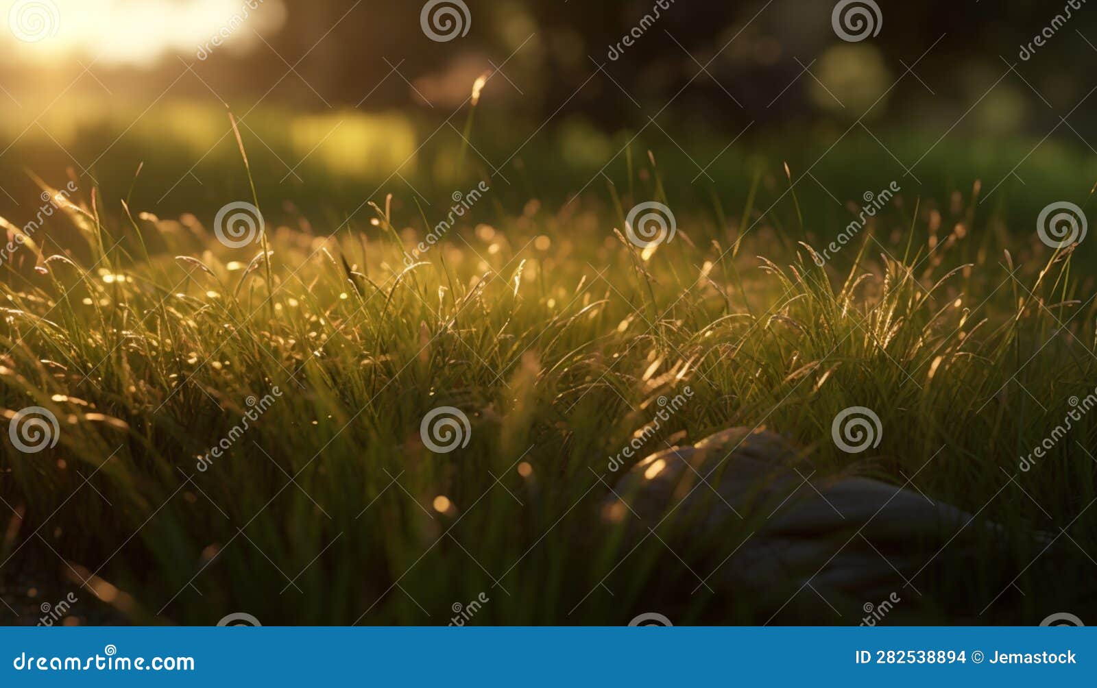 Fresh Green Meadow in Summer, Dew Drops on Blades of Grass Generated by ...