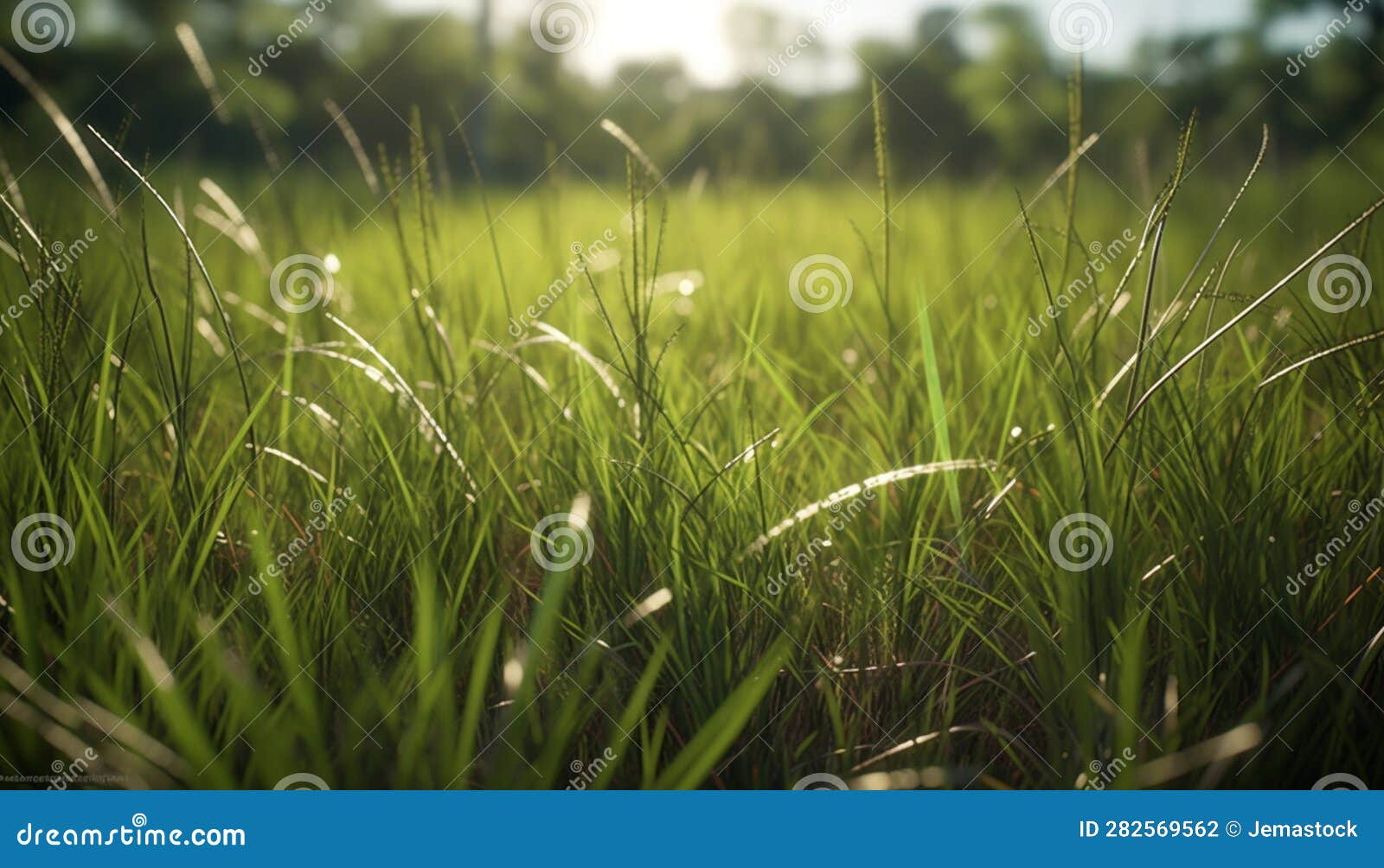 Fresh Green Meadow in Summer, Dew Drops on Blades of Grass Generated by ...