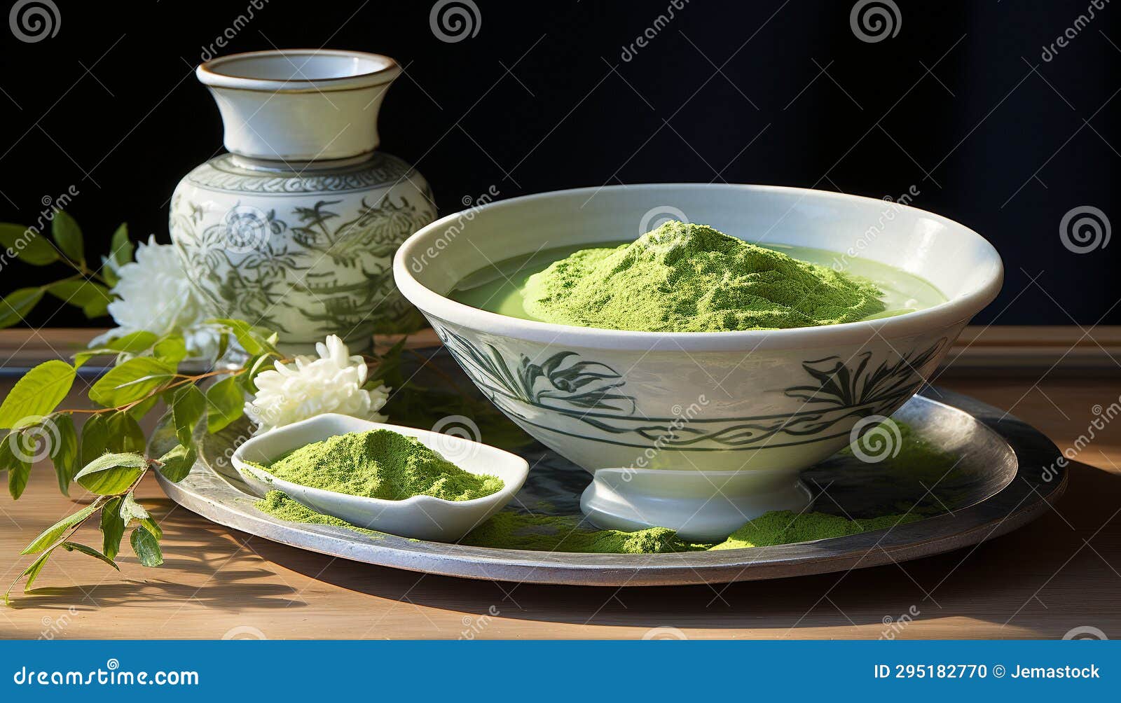 Fresh Green Tea in a Ceramic Bowl, Nature Healthy Refreshment Generated ...