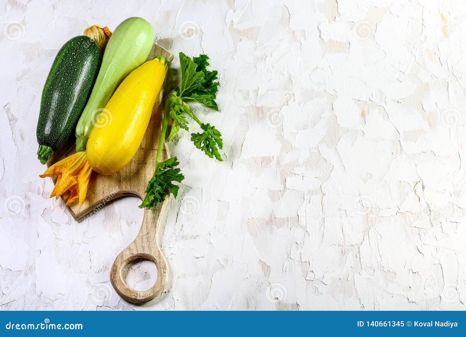 Fresh Green Zucchini on Board on a Light Background. Top View, Place ...