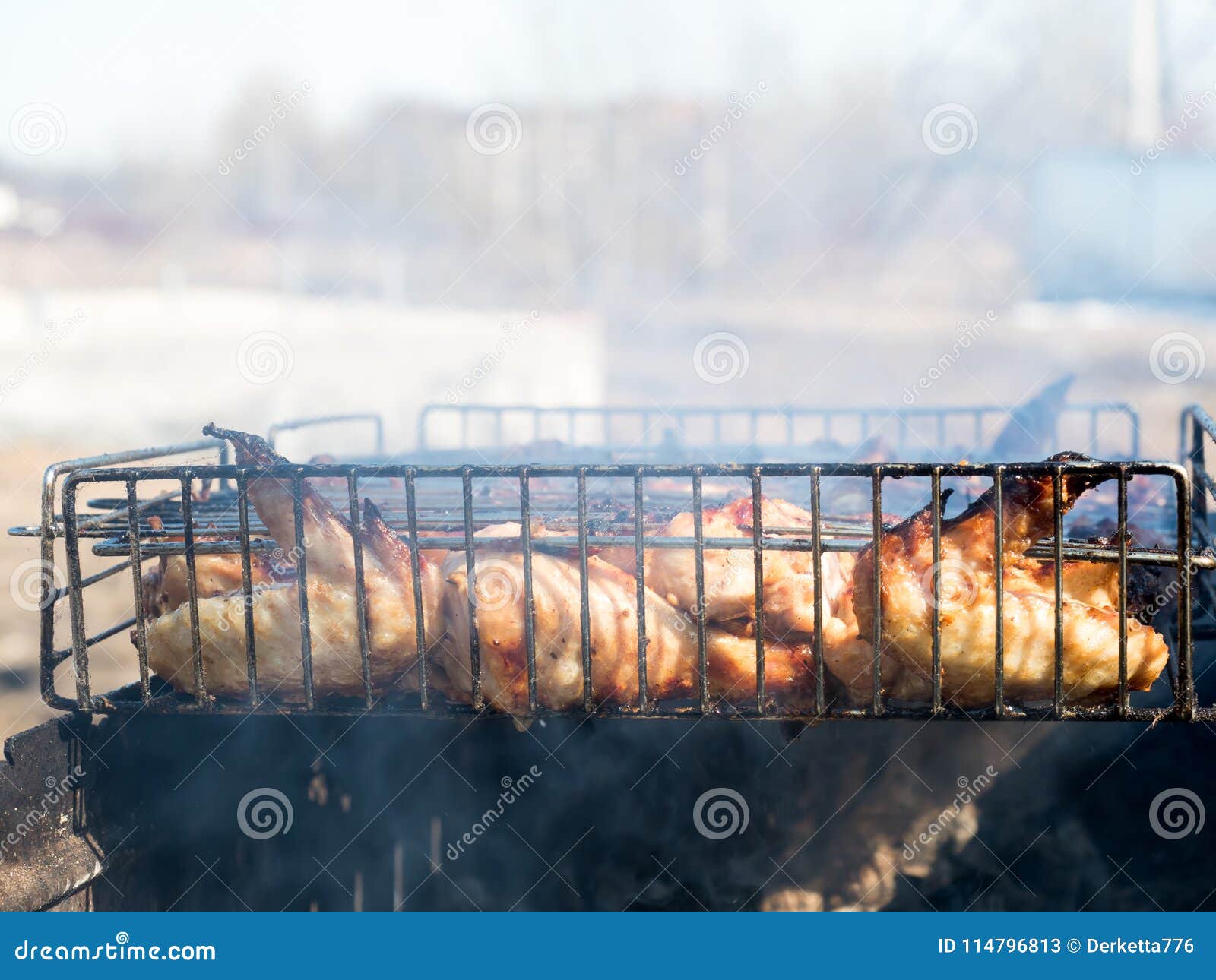 Fresh Grilled Chicken Baked Over Coals in an Open Space Stock Image ...