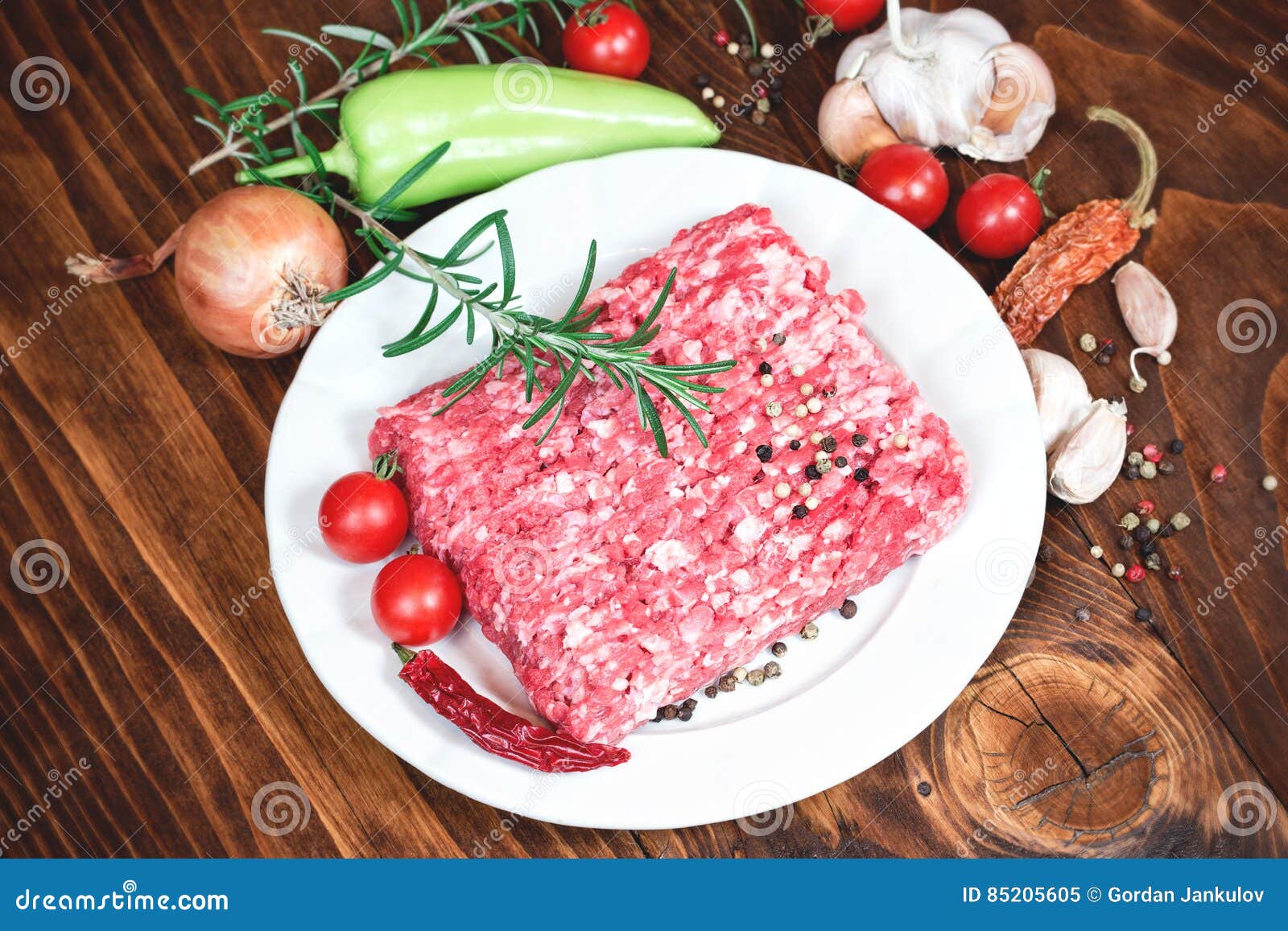 Fresh Ground Beef Meat with Seasonings on White Plate Stock Image ...