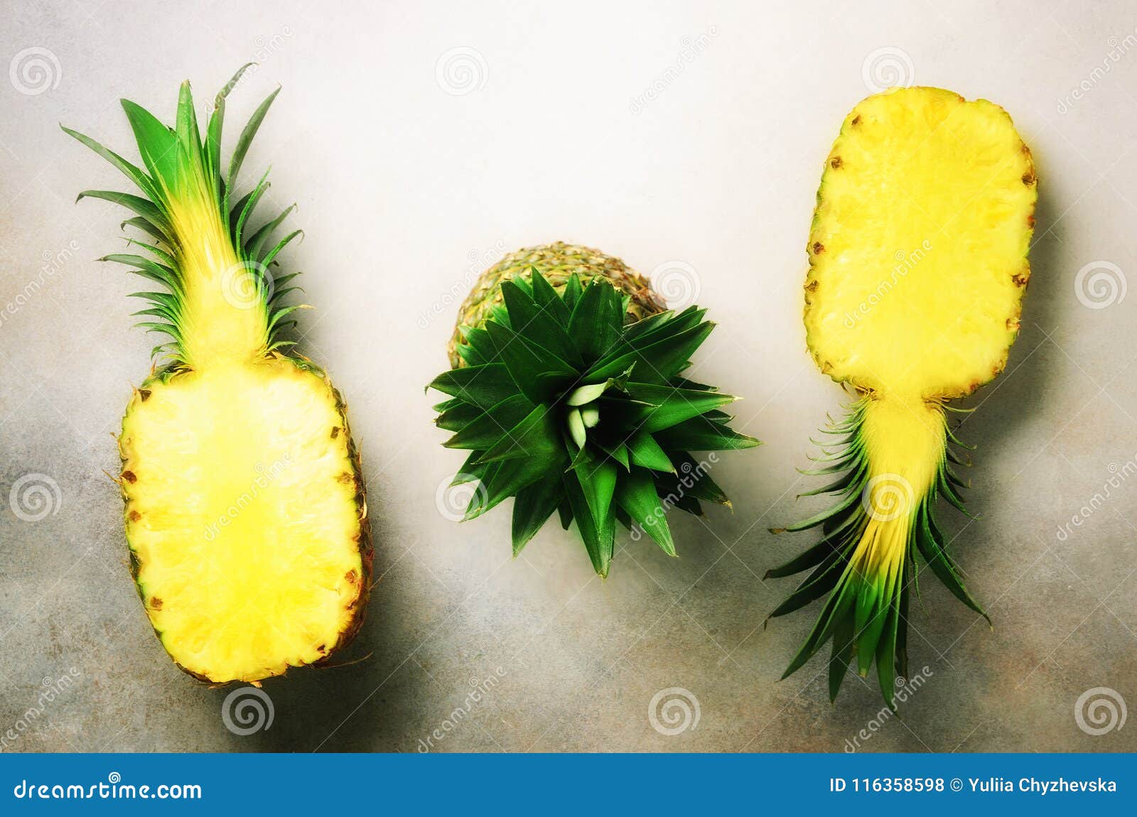 Fresh Half Sliced Pineapple on Gray Background. Top View. Copy Space ...