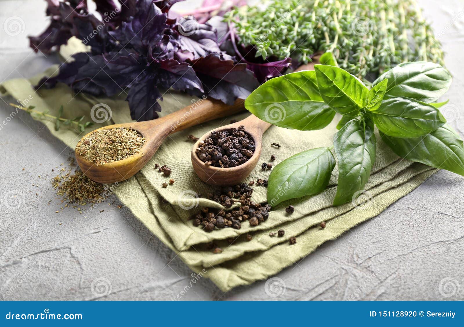 Fresh Herbs with Spices on Grey Textured Background Stock Photo - Image ...