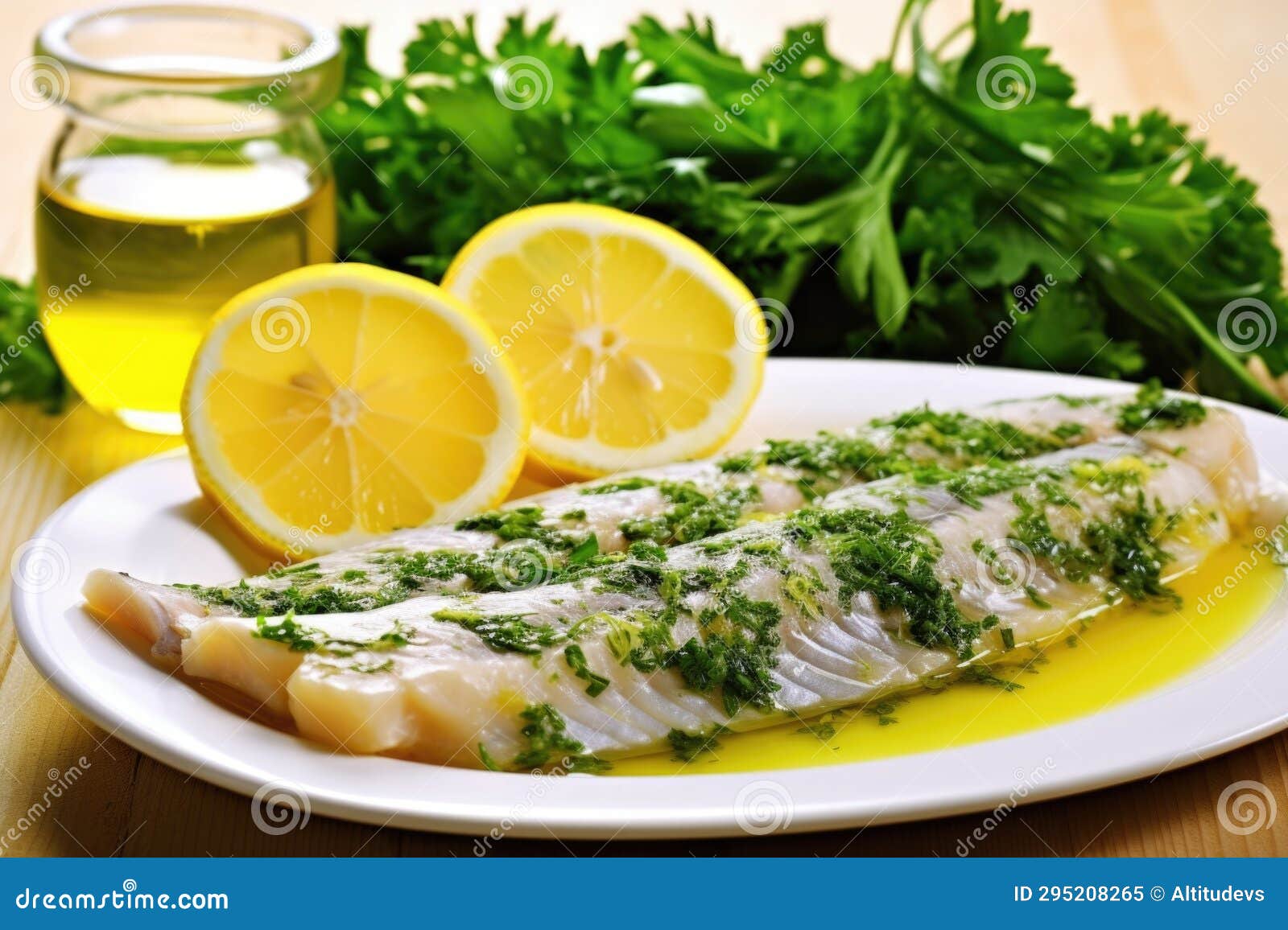 Fresh Herbs Surrounding Lemon Glazed Fish Fillet Stock Image - Image of ...