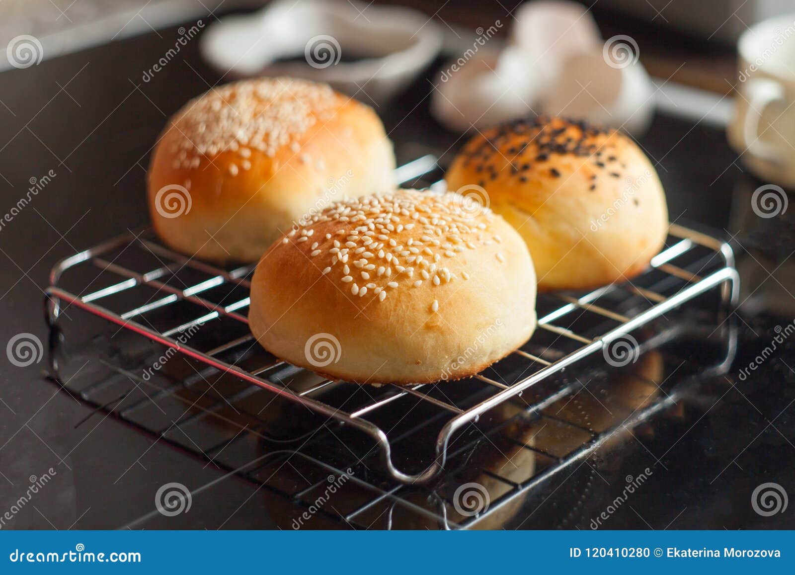 Fresh Homemade Burger Buns on the Rack. Stock Photo - Image of fresh ...