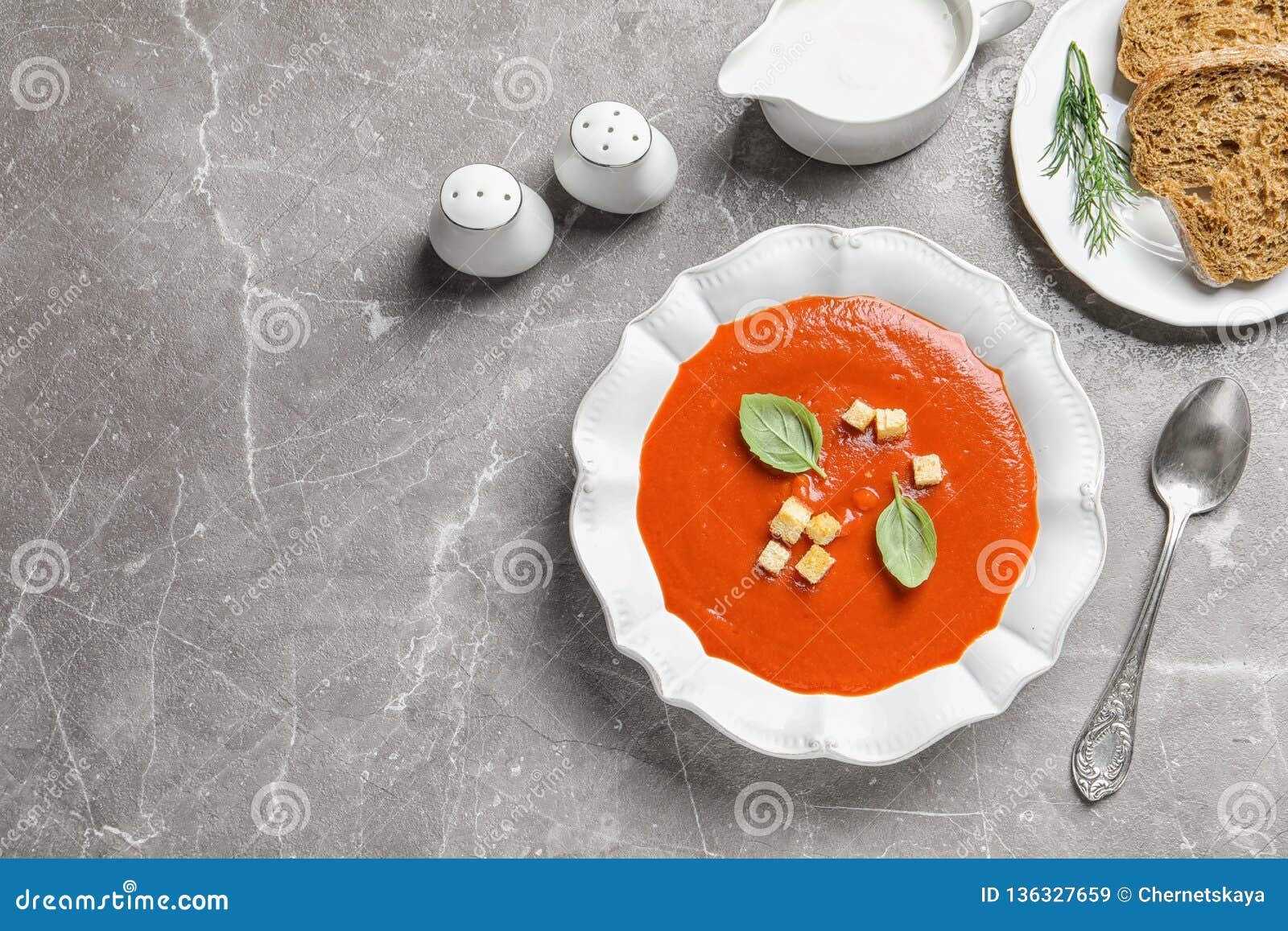Fresh Homemade Tomato Soup Served with Bread on Table, Top View. Space ...