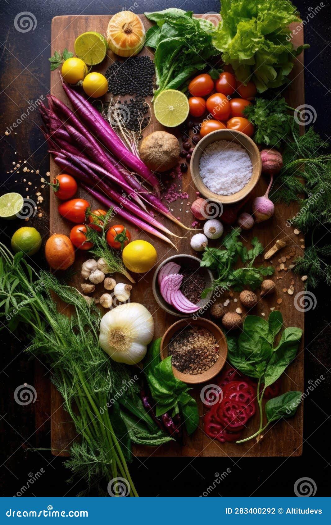 Fresh Ingredients Displayed on a Board Stock Photo - Image of herbs ...