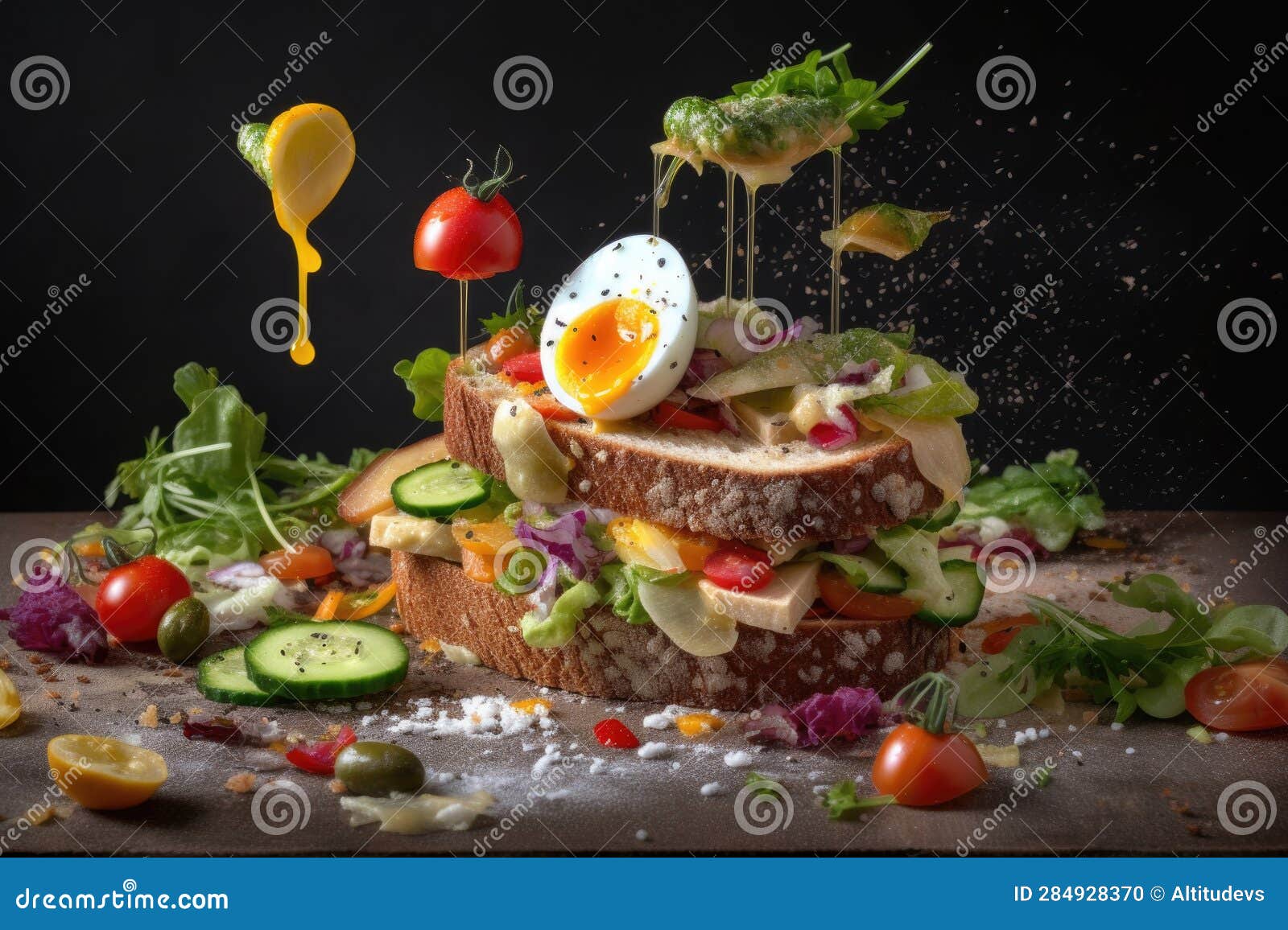 Fresh Ingredients Falling into an Open Sandwich Stock Illustration ...