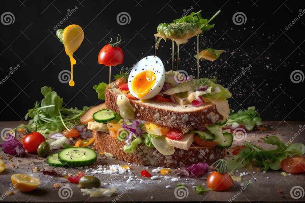Fresh Ingredients Falling into an Open Sandwich Stock Illustration ...