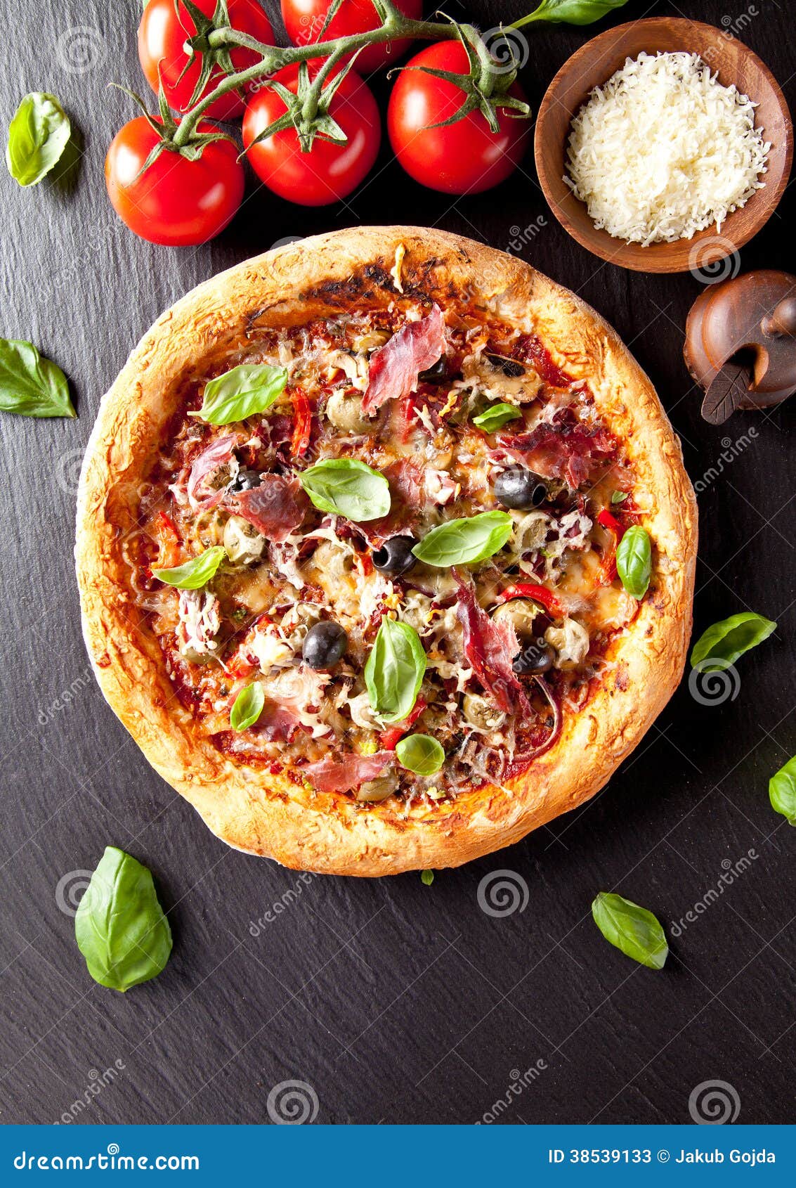 Fresh Italian Pizza Served on Black Stone Stock Image - Image of cheese ...