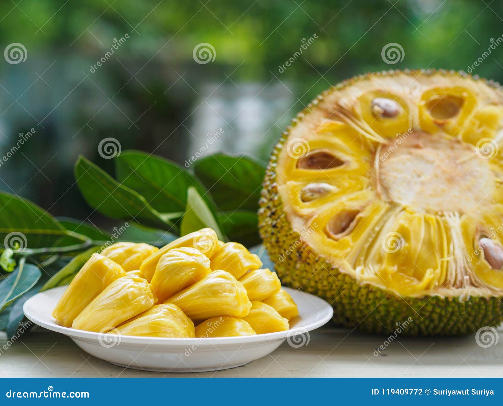 Fresh Jackfruit in White Dish, Half of Jack Fruit and Jackfruit Stock ...