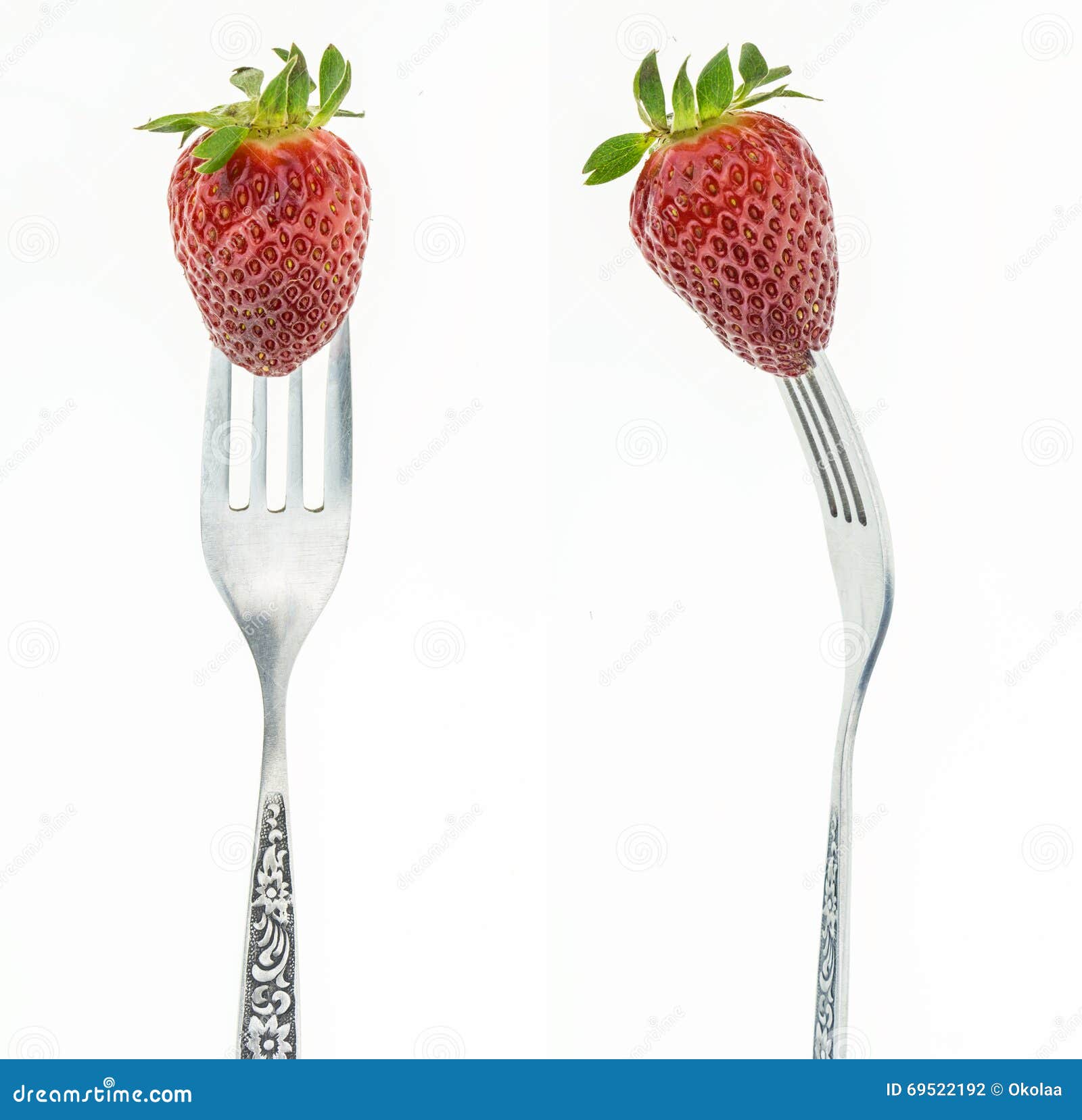 Fresh Juicy Strawberry on Fork, Front and Side View, on White Stock ...
