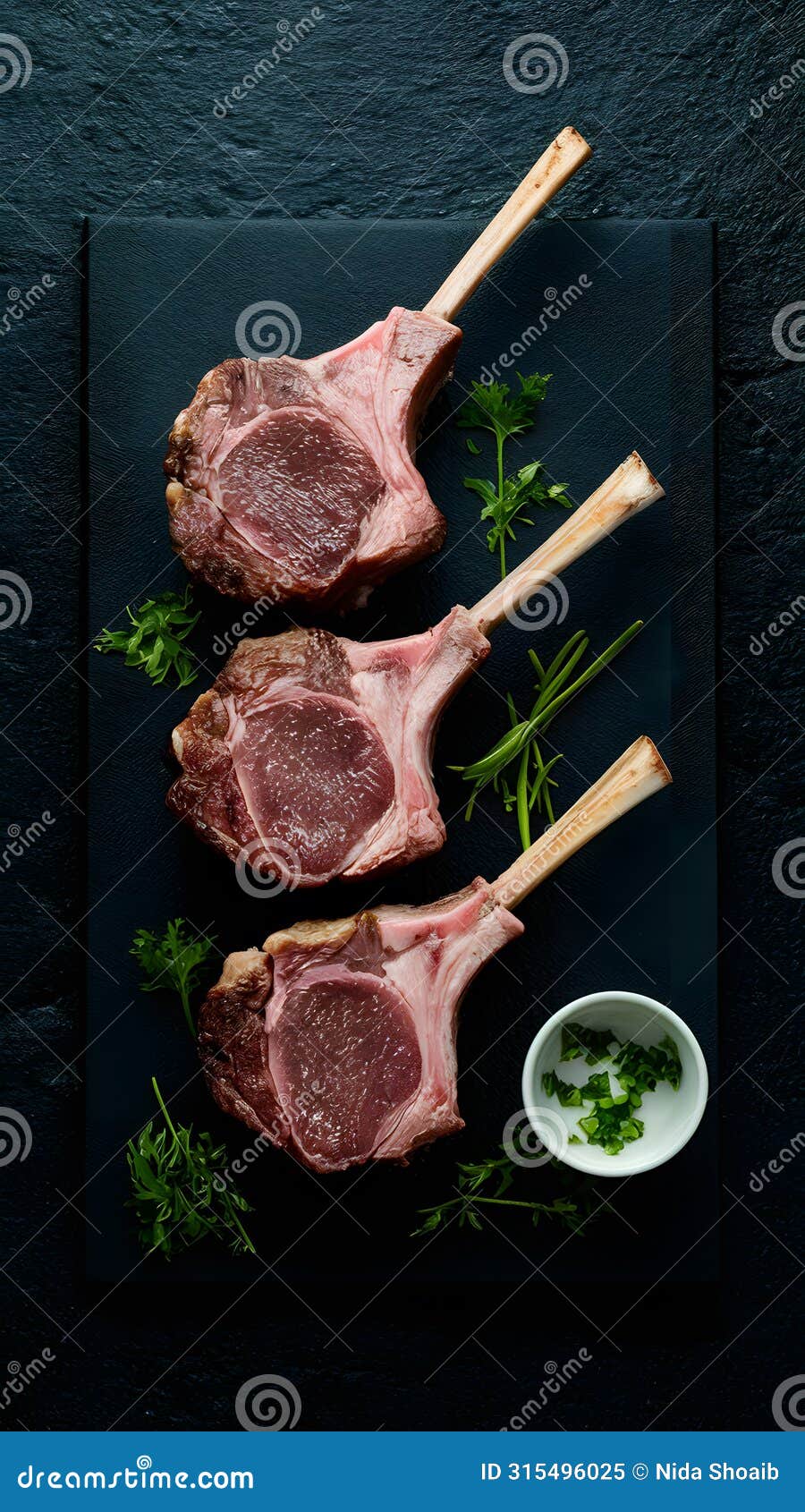 Fresh Lamb Chops on Sleek Black Stone, Culinary Elegance Stock Image ...
