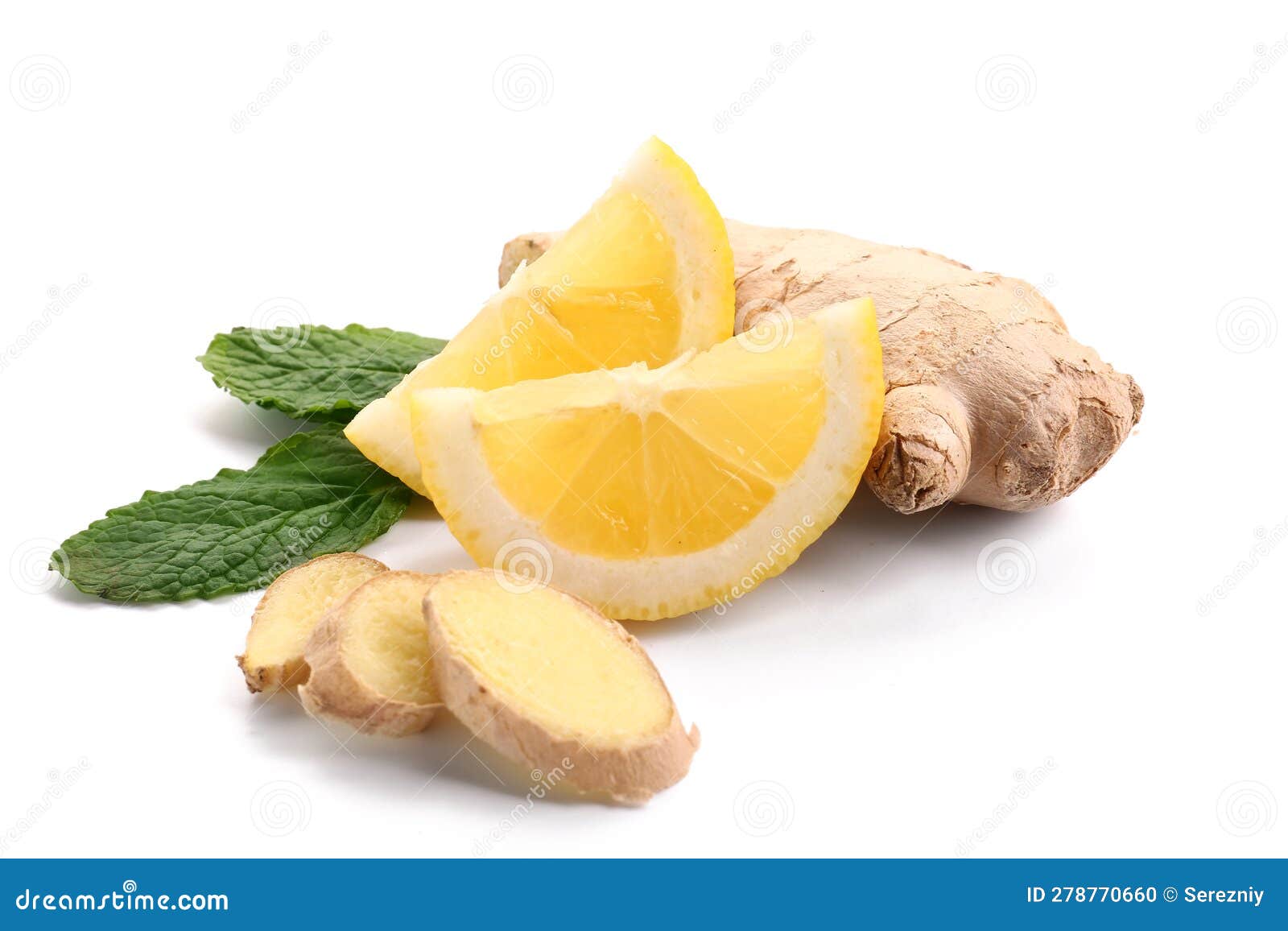 Fresh Lemon with Ginger and Mint on White Background Stock Photo ...