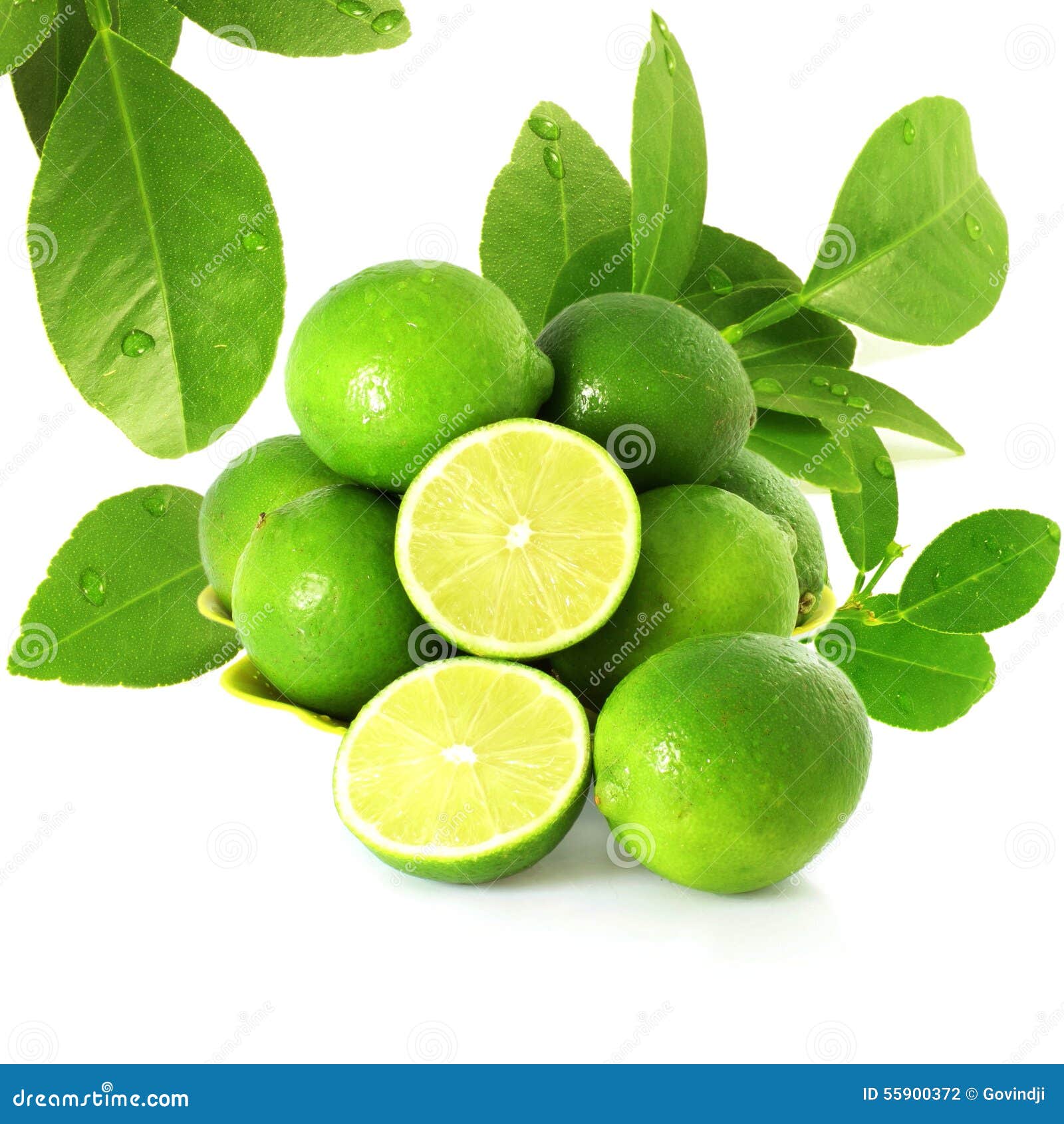 Fresh Lemon Lime Citrus Fruit with Leaves and Cutting in White ...