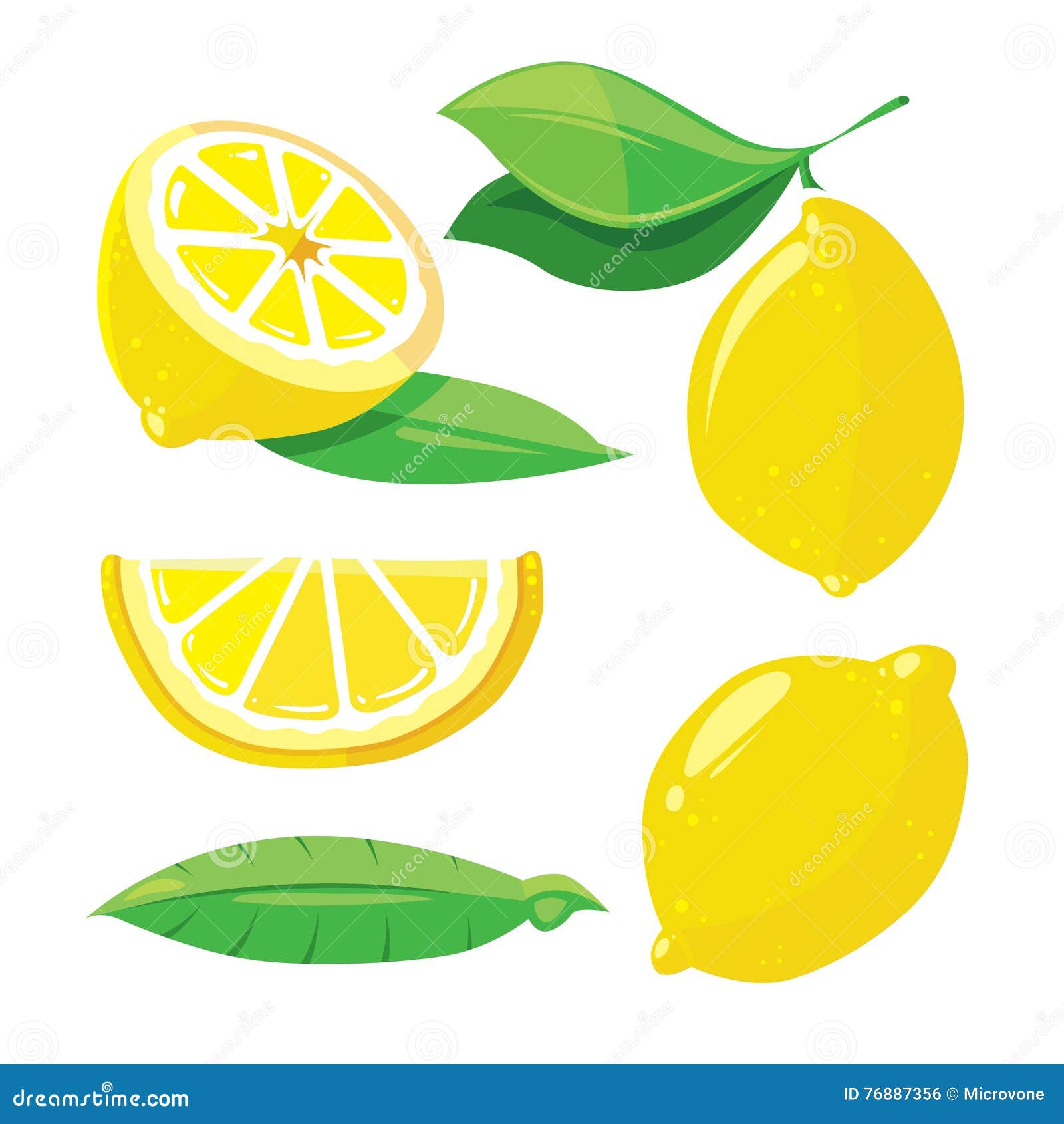 Fresh Lemons With Leaves, Lemon Slice Isolated On White Vector ...