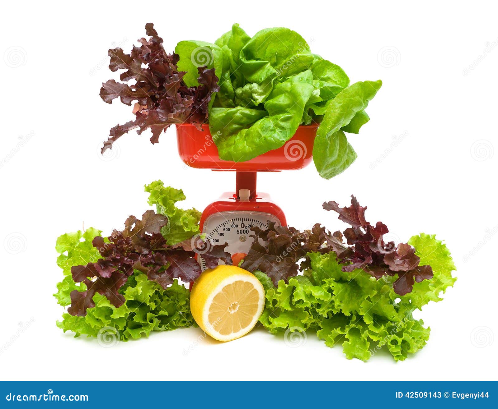 Fresh Lettuce, Lemon and Kitchen Scales Isolated on White Background ...